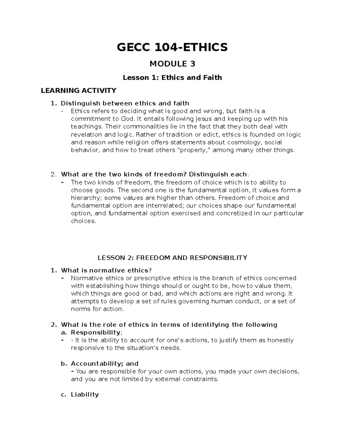 Ethics module 3 - GECC 104-ETHICS MODULE 3 Lesson 1: Ethics and Faith ...