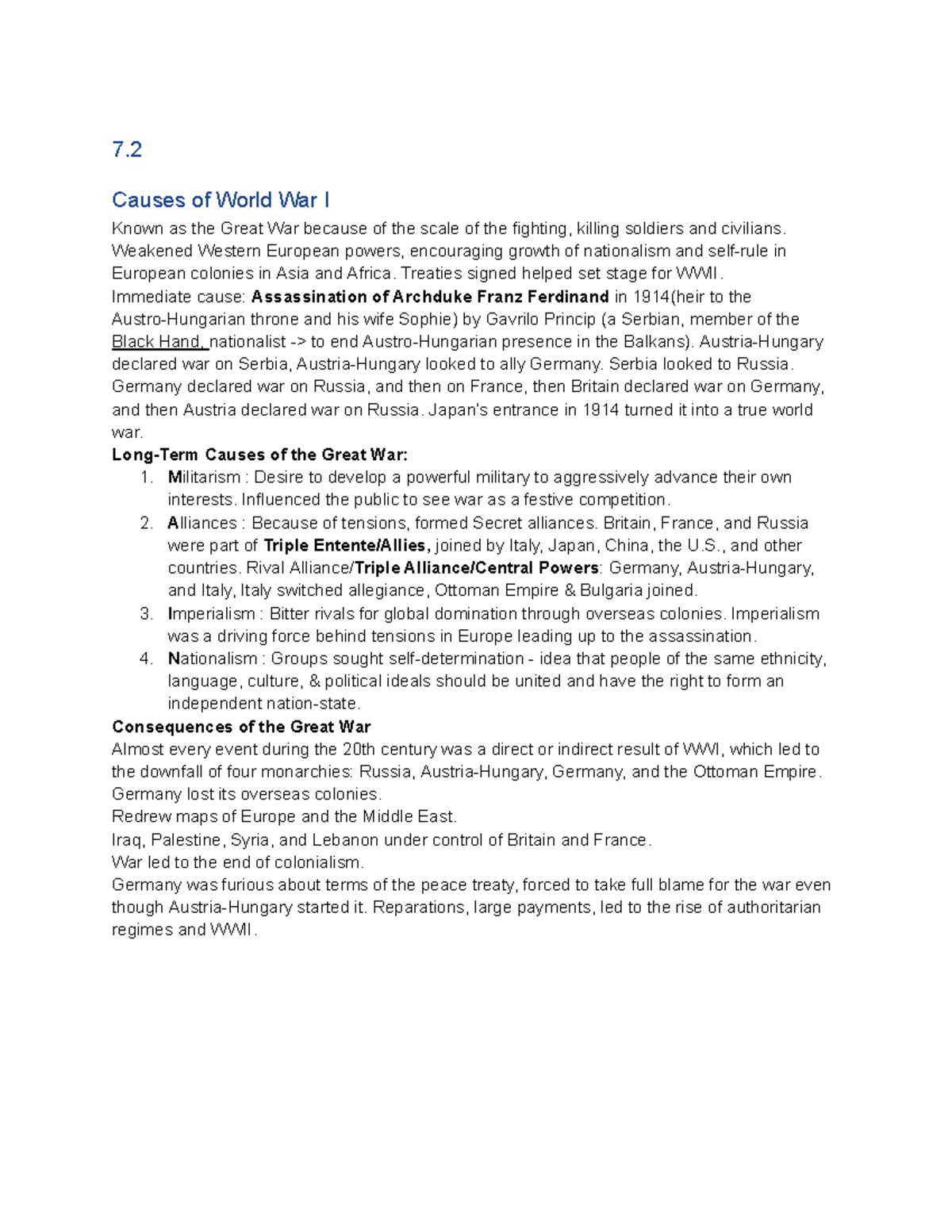 AP World History Modern Unit 7.2 Notes - 7. Causes of World War I Known ...