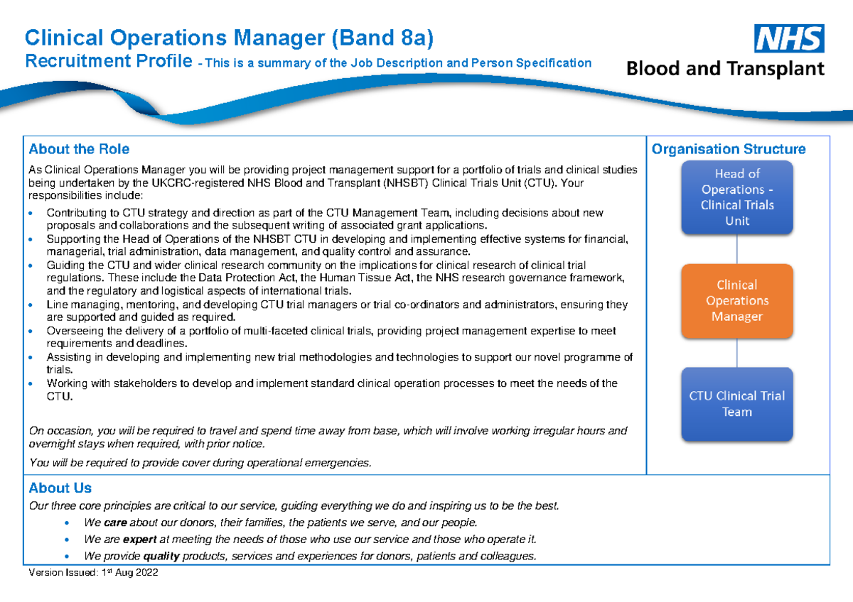 Clinical Operations Manager - Recruitment Profile - Version Issued: 1 ...
