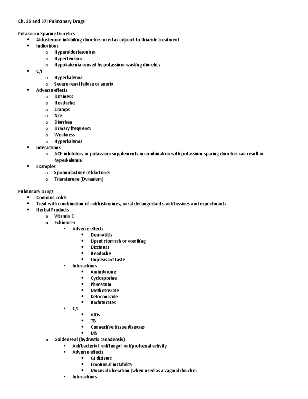 214 pulmonary drugs - notes - Ch. 36 and 37: Pulmonary Drugs Potassium ...