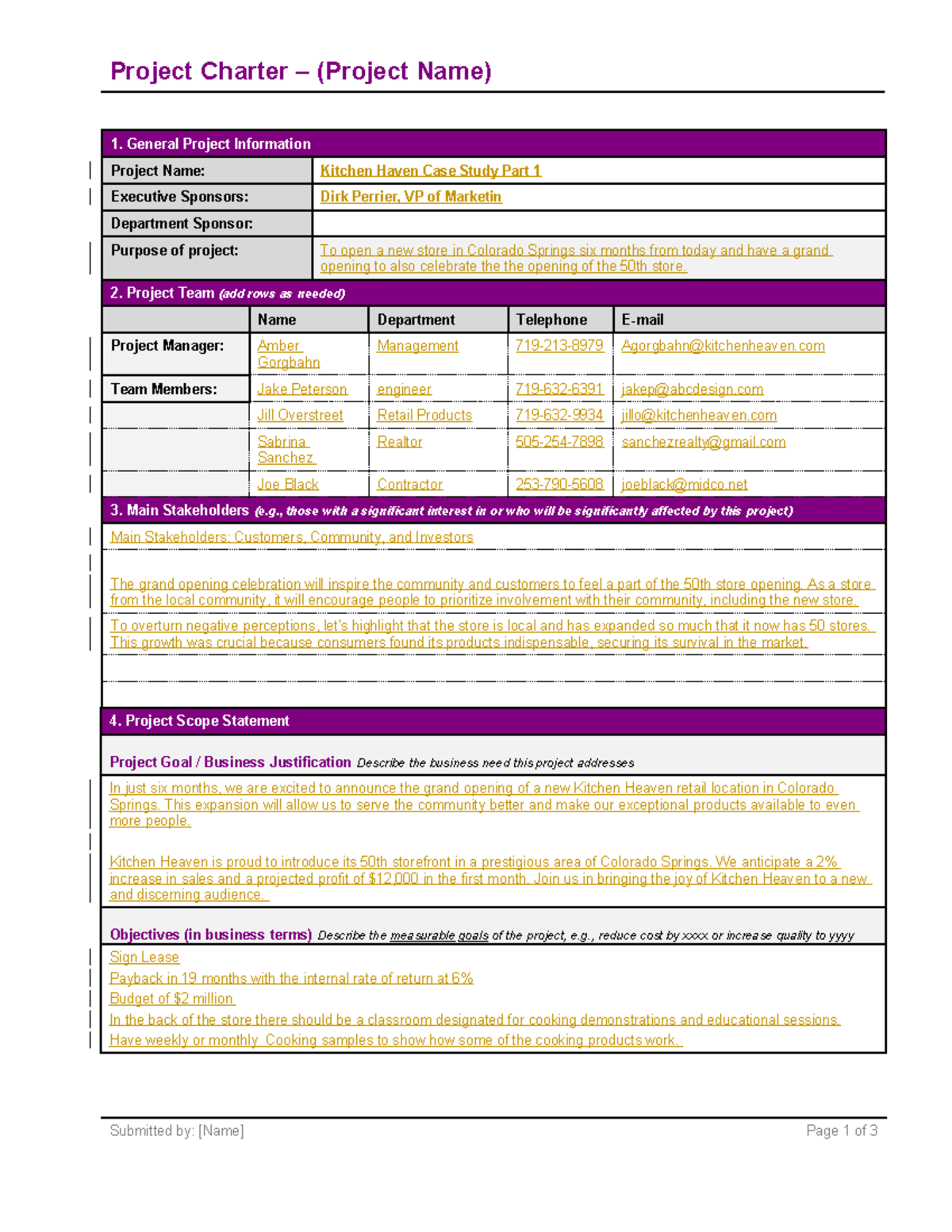 MGT 440 T2 Project Charter pt1 1 - Project Charter – (Project Name) General Project Information ...
