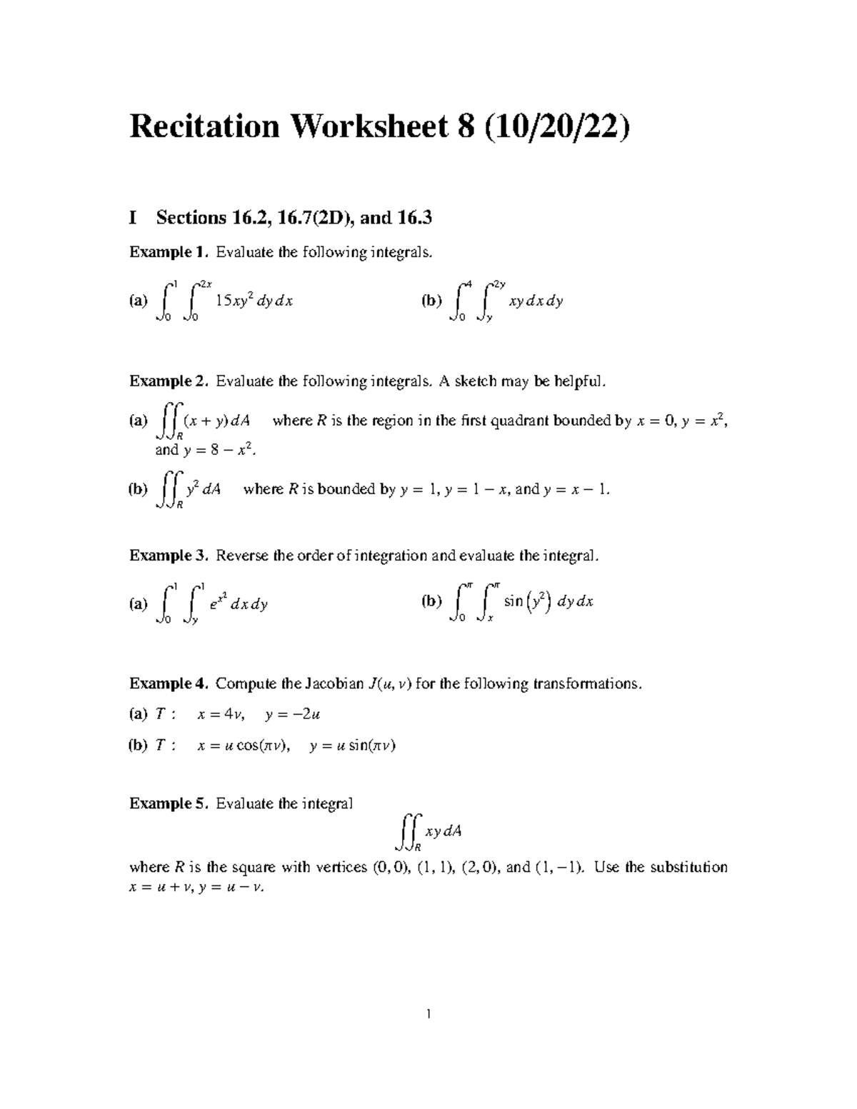 Recitation 8 - Prof. Barry Minemyer - Recitation Worksheet 8 (10/ 20 ...