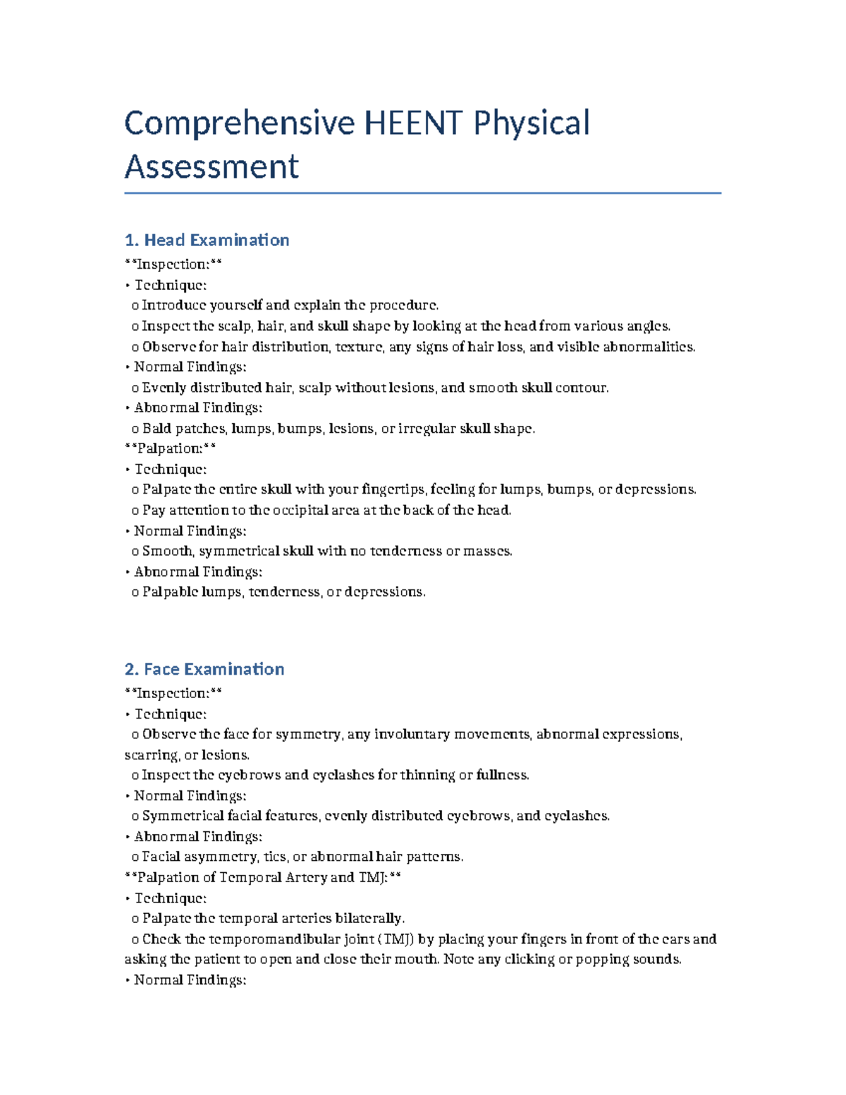 Complete Comprehensive Heent Physical Assessment - Comprehensive HEENT ...