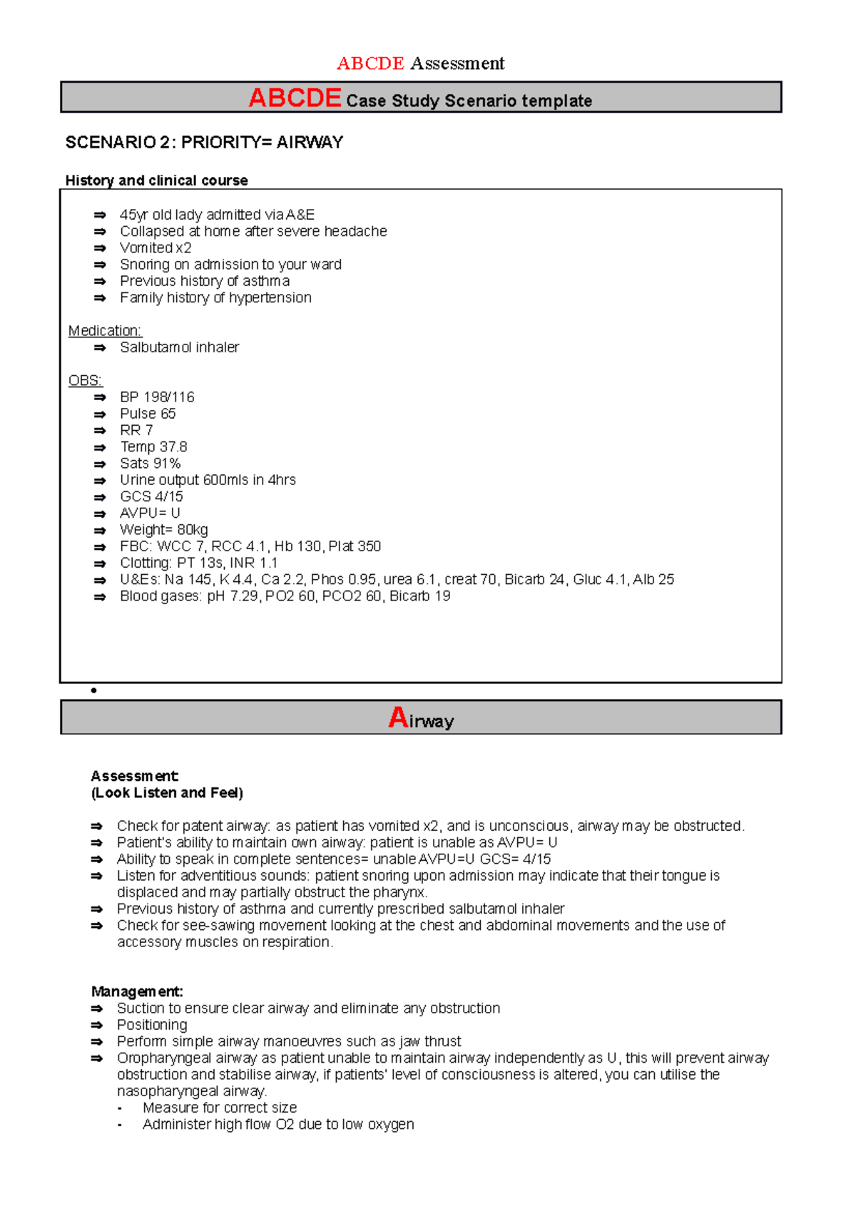 Scenario 2 Priority of Care: AIRWAY - ABCDE Case Study Scenario ...