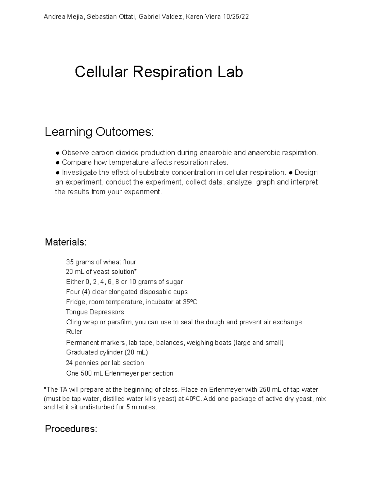 Task Sheet Cellular Respiration - Cellular Respiration Lab Learning Outcomes: Observe carbon ...