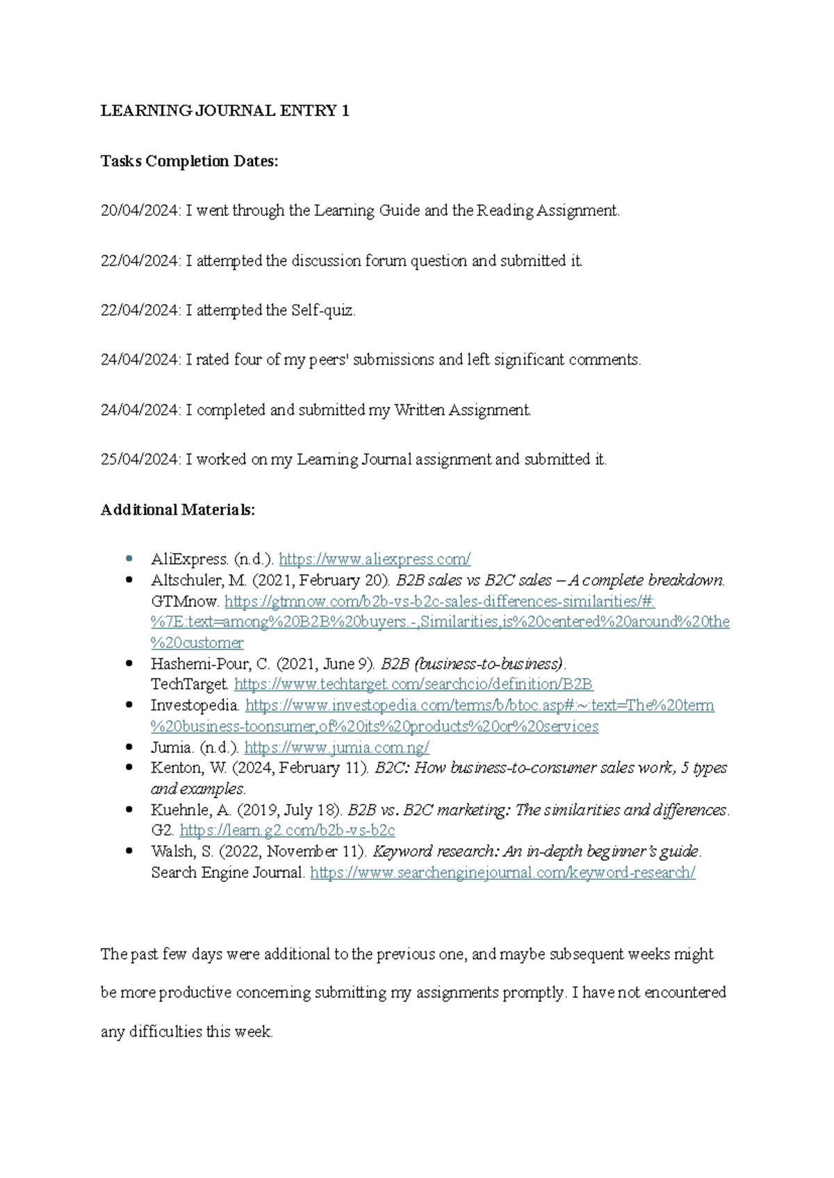 BUS 2202 UNIT 2 Learning Journal - LEARNING JOURNAL ENTRY 1 Tasks ...