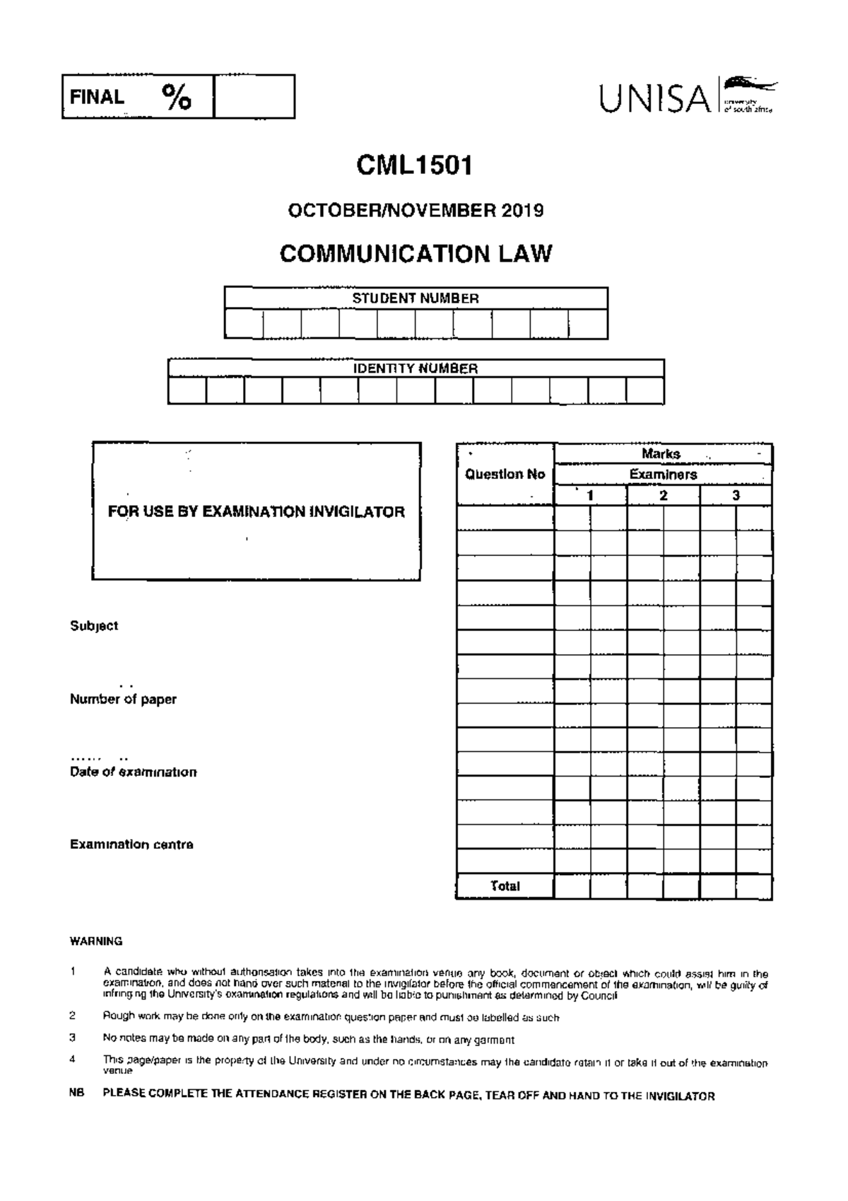 Exam 2019 October - cml1501 - Studocu
