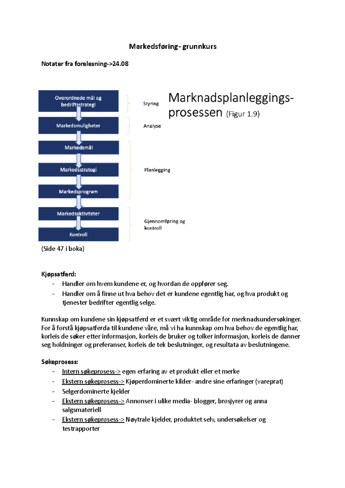 Notater-Markedsføring - Markedsføring- grunnkurs Notater fra forelesning->24. (Side 47 i boka ...