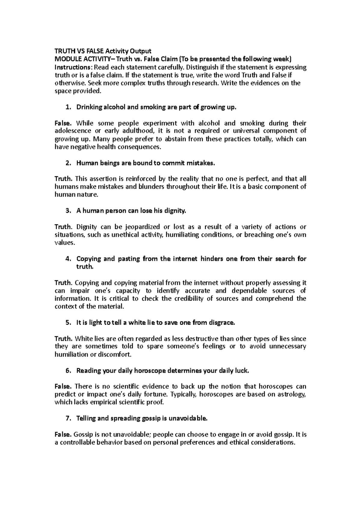 Truth VS False Activity Output - TRUTH VS FALSE Activity Output MODULE ...
