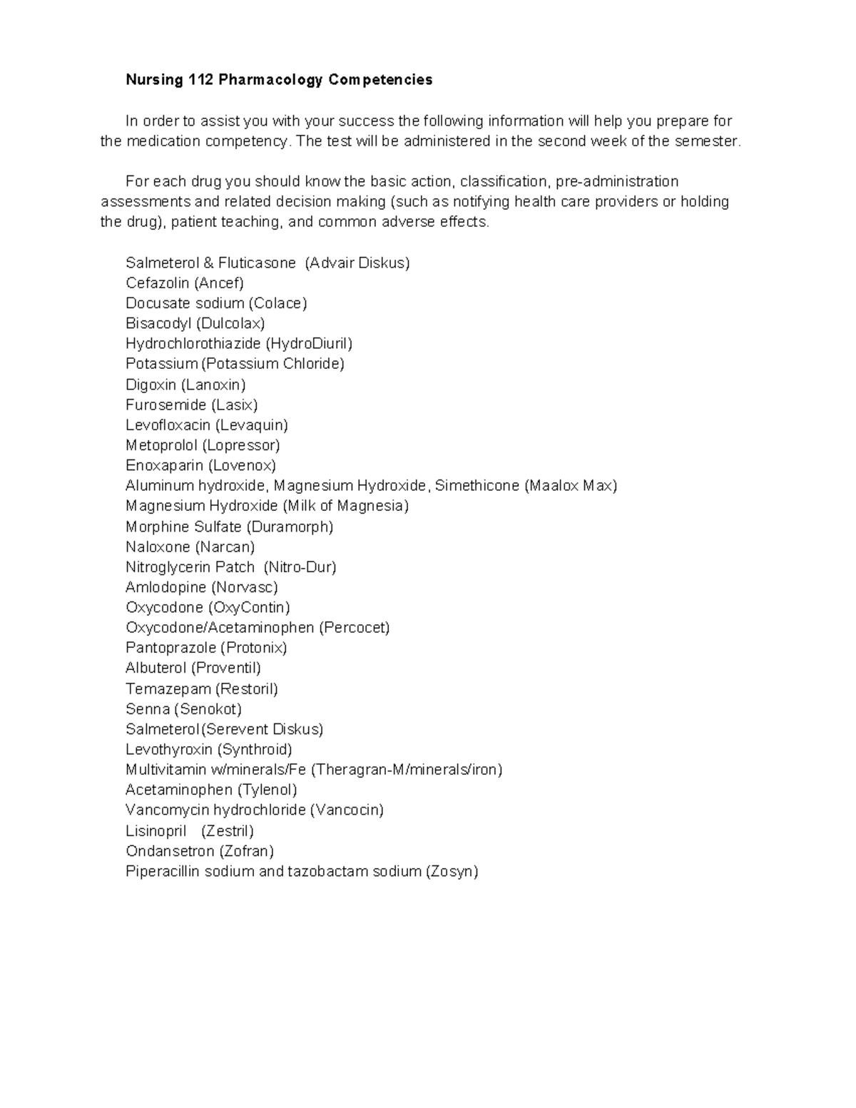 Nur 112 drug list - drug list - Nursing 112 Pharmacology Competencies ...
