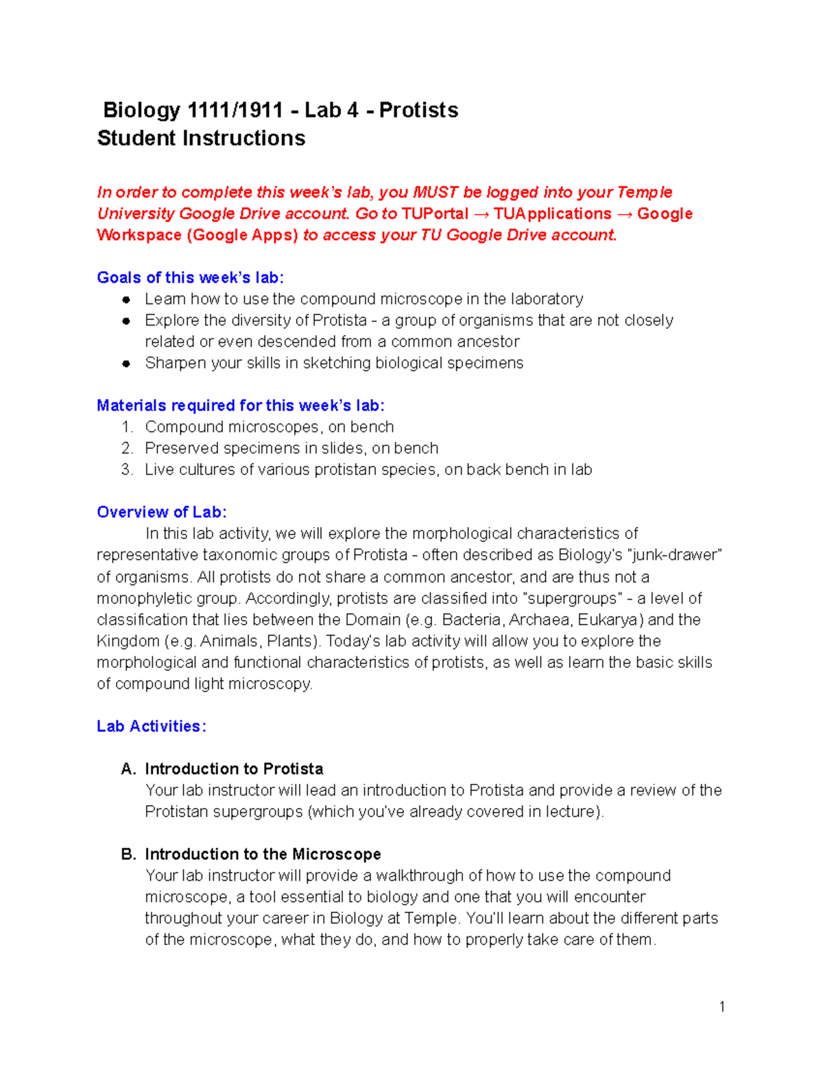 Copy of Lab 4 - Protists - Student Instructions - Biology 1111/1911 - Lab 4 - Protists Student ...