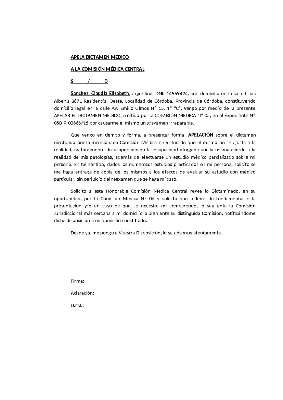 Apelacion 1 Dictamen Medico CON Notificacion) - APELA DICTAMEN MEDICO A LA COMISIÓN MÉDICA ...