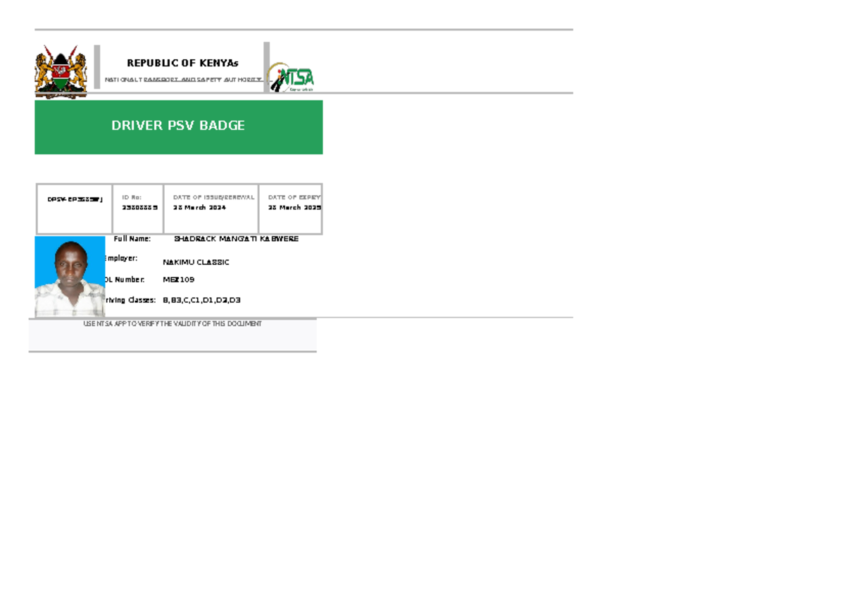 DPSV-EP3S85WJ-Driver PSV Badge - REPUBLIC OF KENYAs NATIONAL TRANSPORT ...