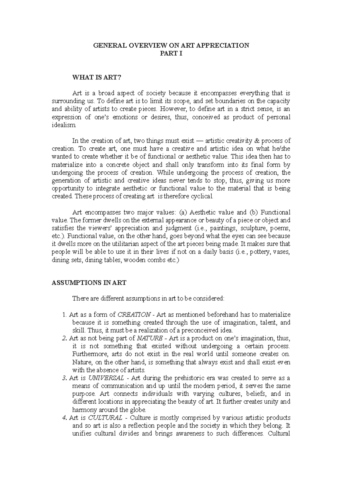 Introduction on Art Appreciation - PART 1 - GENERAL OVERVIEW ON ART ...