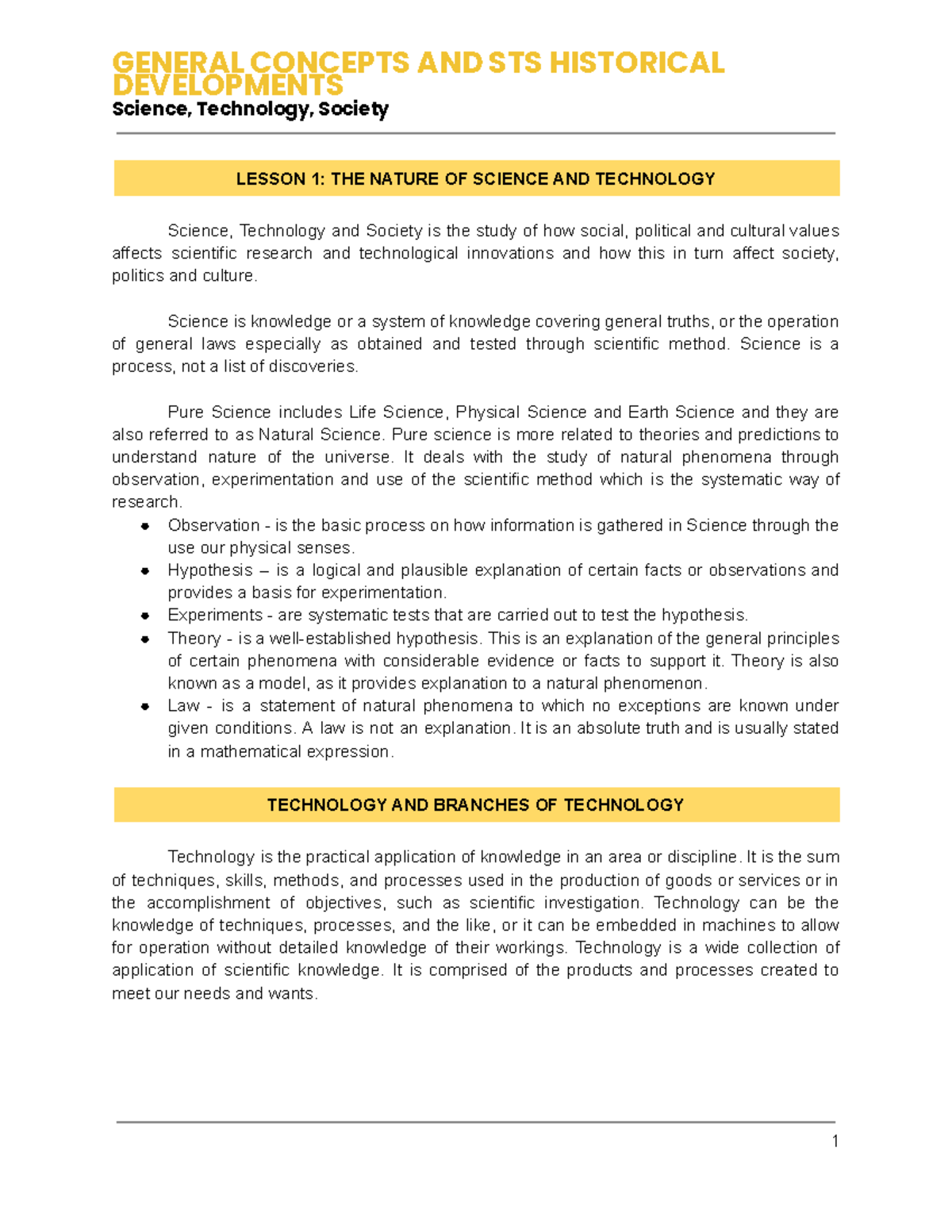General Concepts AND STS Historical Developments - DEVELOPMENTS Science ...