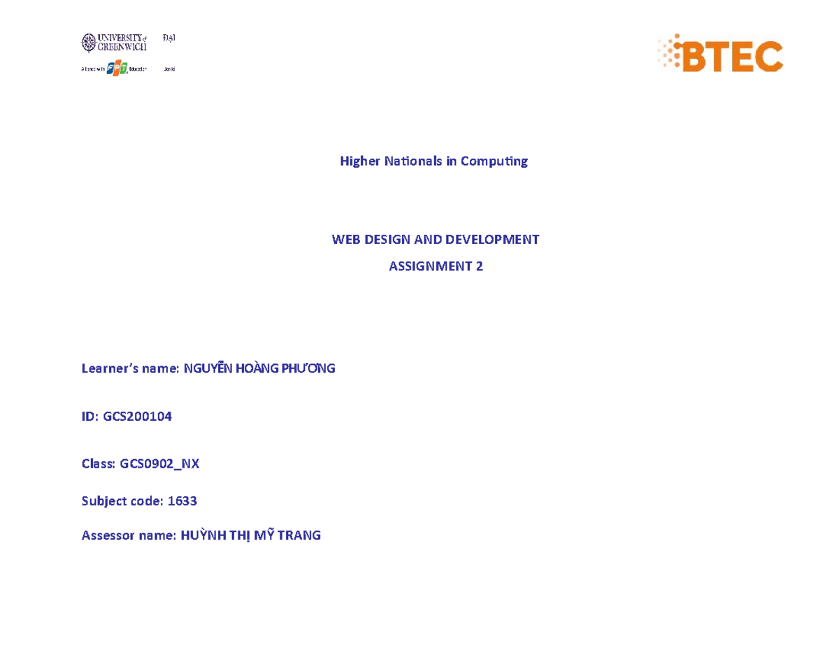 1633 Nguyen Hoang Phuong GCS2001 04 Assignment 2 - Higher Nationals in Computing WEB DESIGN AND ...