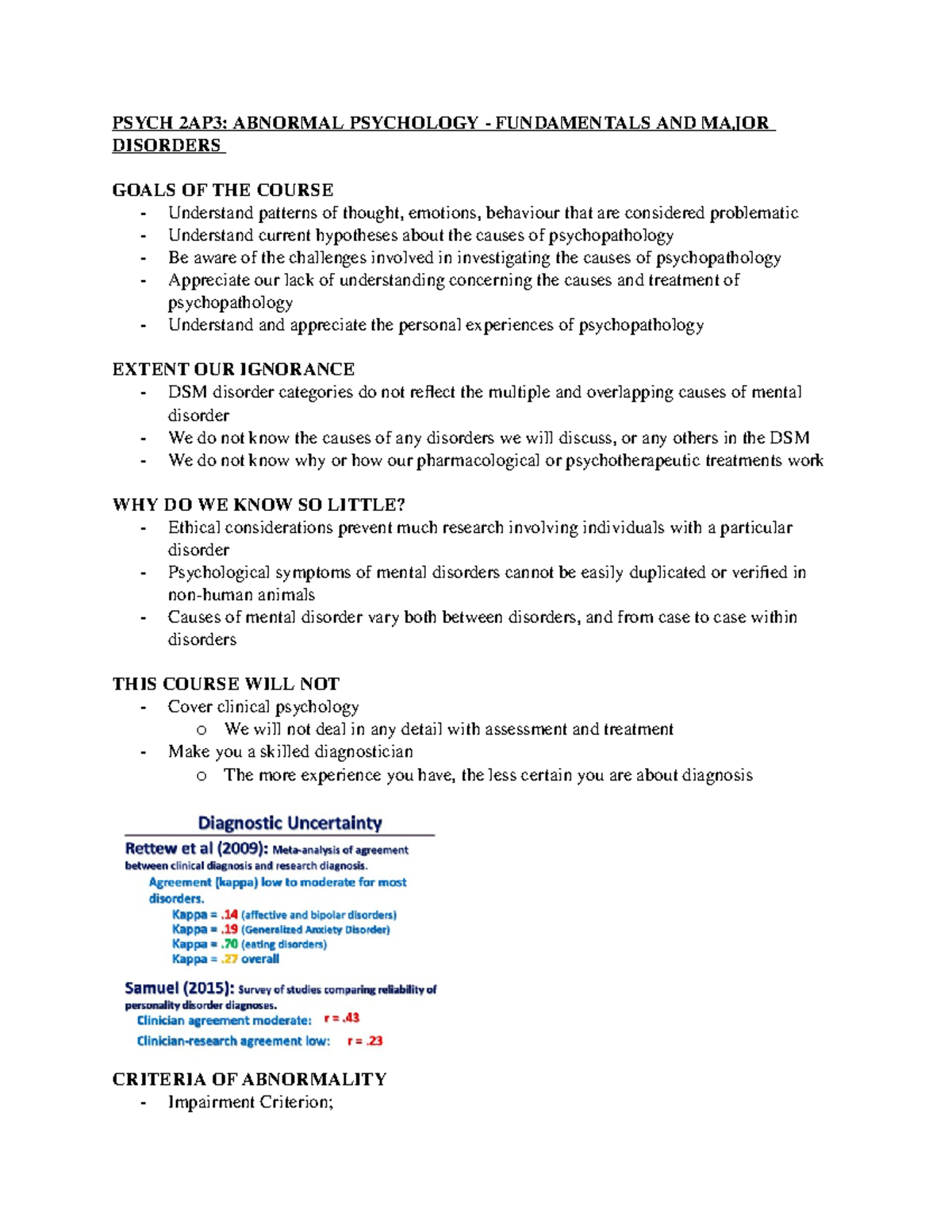 Week 1- intro to abnormal - PSYCH 2AP3: ABNORMAL PSYCHOLOGY ...