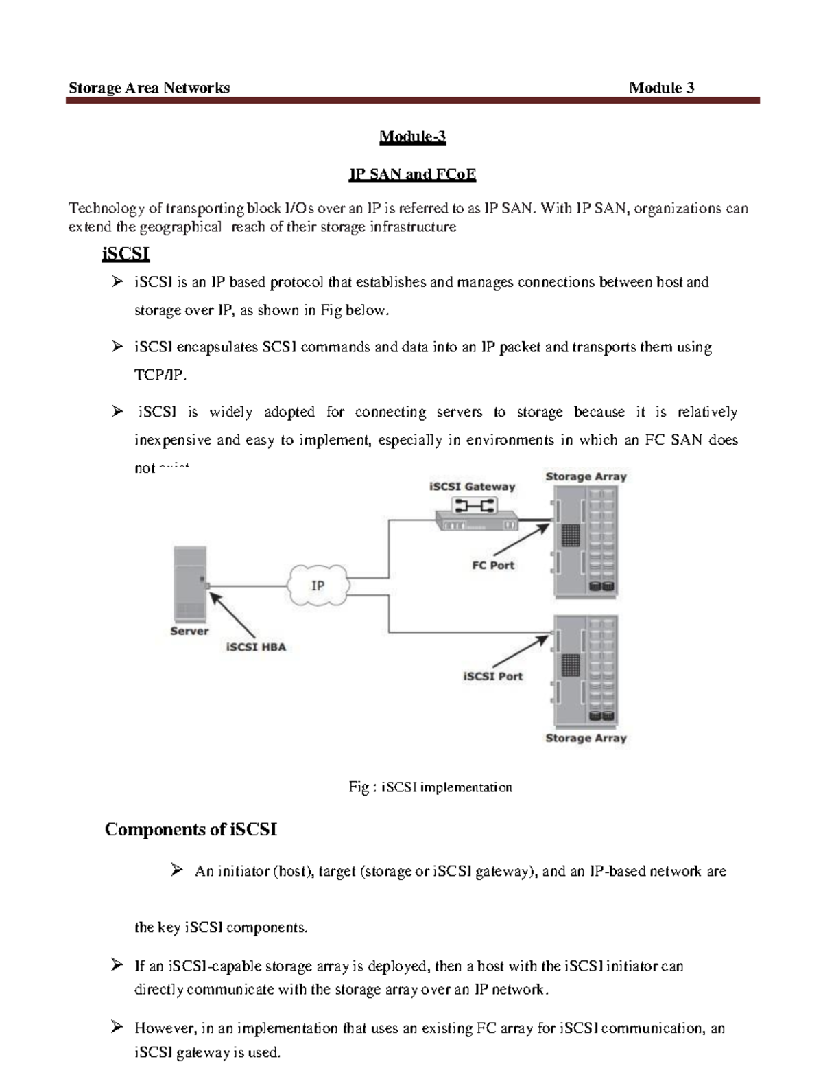 San - Good - Module- IP SAN and FCoE Technology of transporting block I/Os over an IP is ...