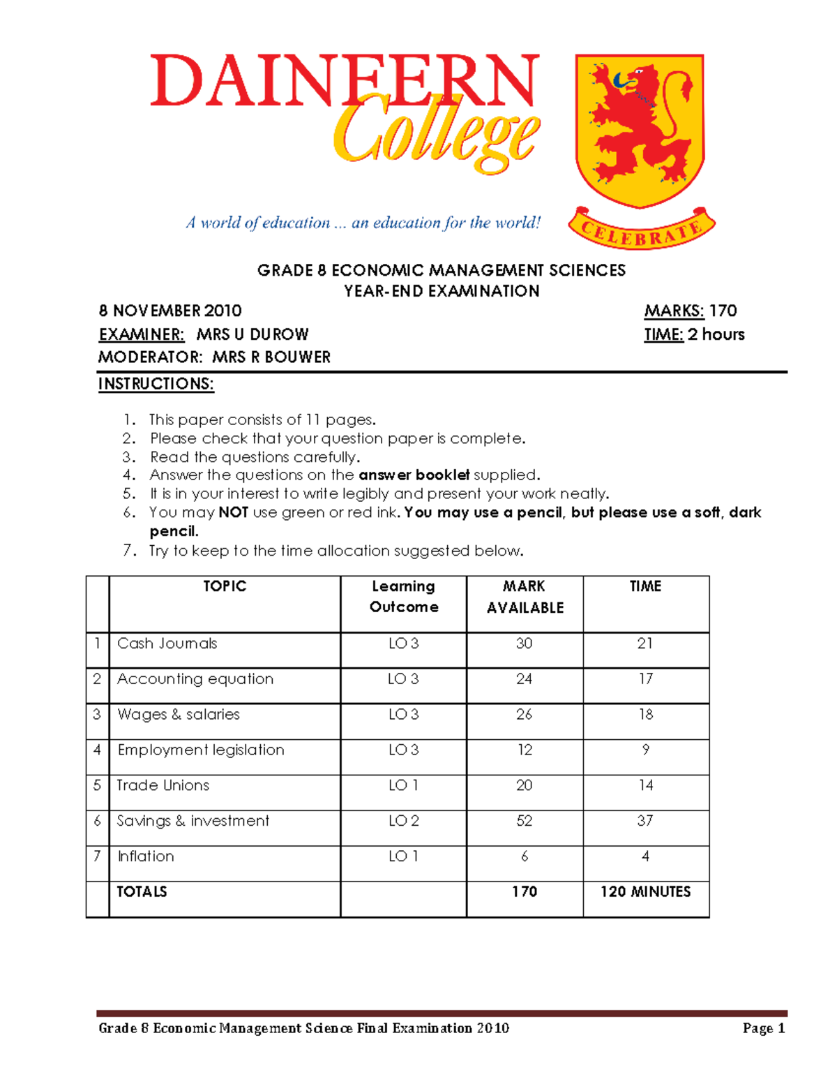 EMS 2010 November Question Paper - GRADE 8 ECONOMIC MANAGEMENT SCIENCES ...