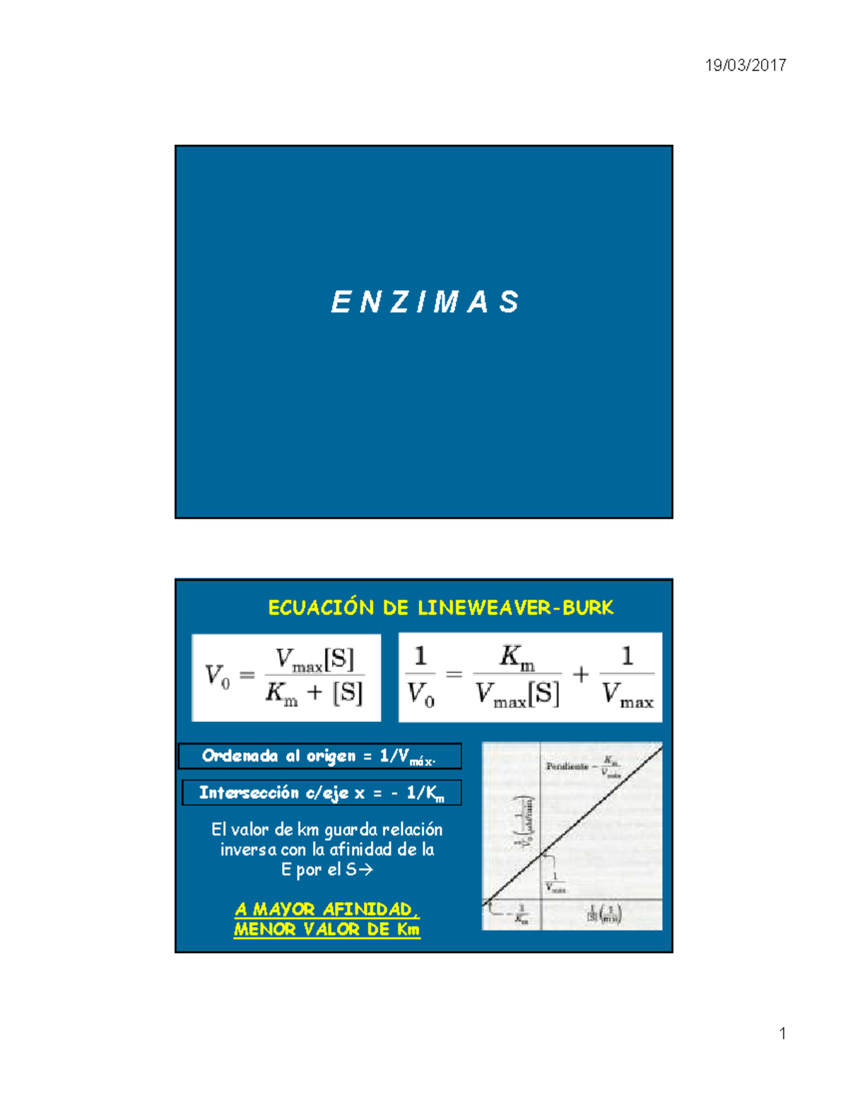 Enzimas 2 - E N Z I M A S ECUACIÓN DE LINEWEAVER-BURK Ordenada al ...
