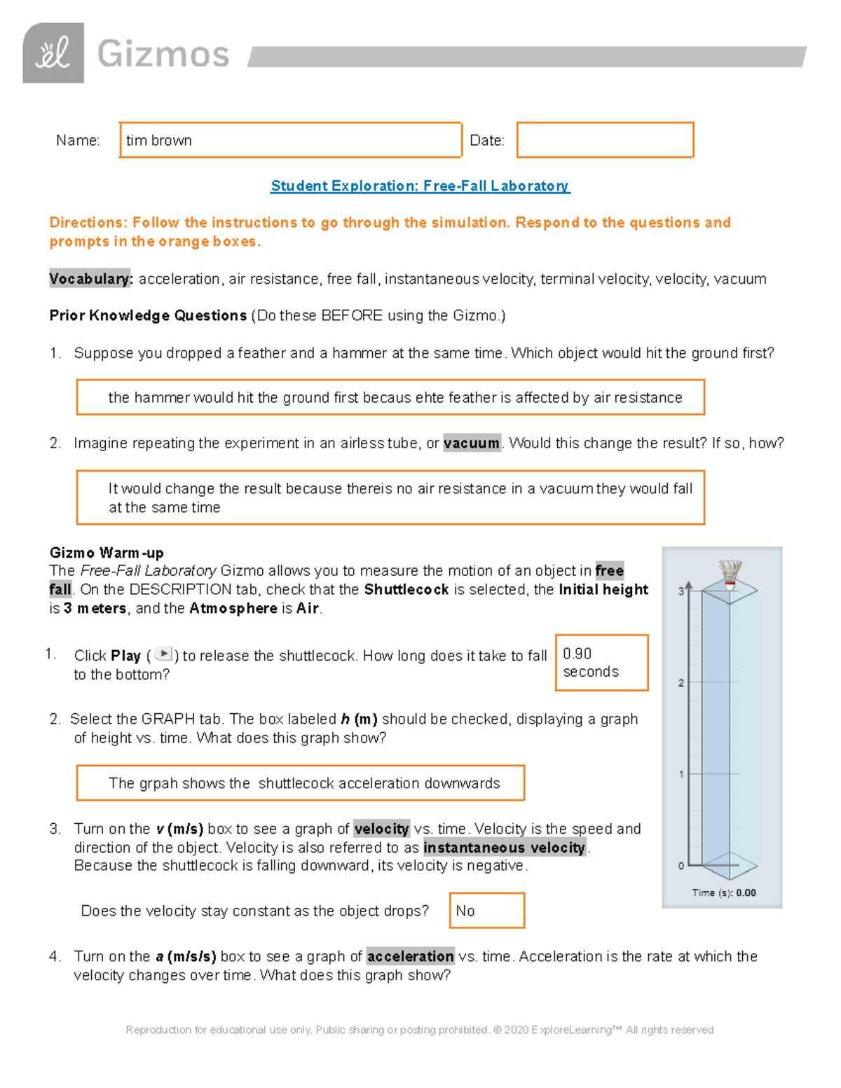 Free Fall Gizmos - Name: tim brown Date: Student Exploration: Free-Fall ...