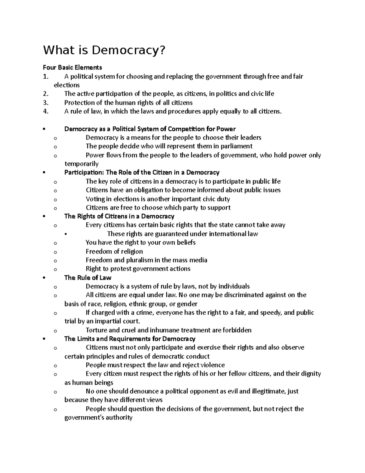 Week 1 - Lecture notes 1 - What is Democracy? Four Basic Elements 1. A ...