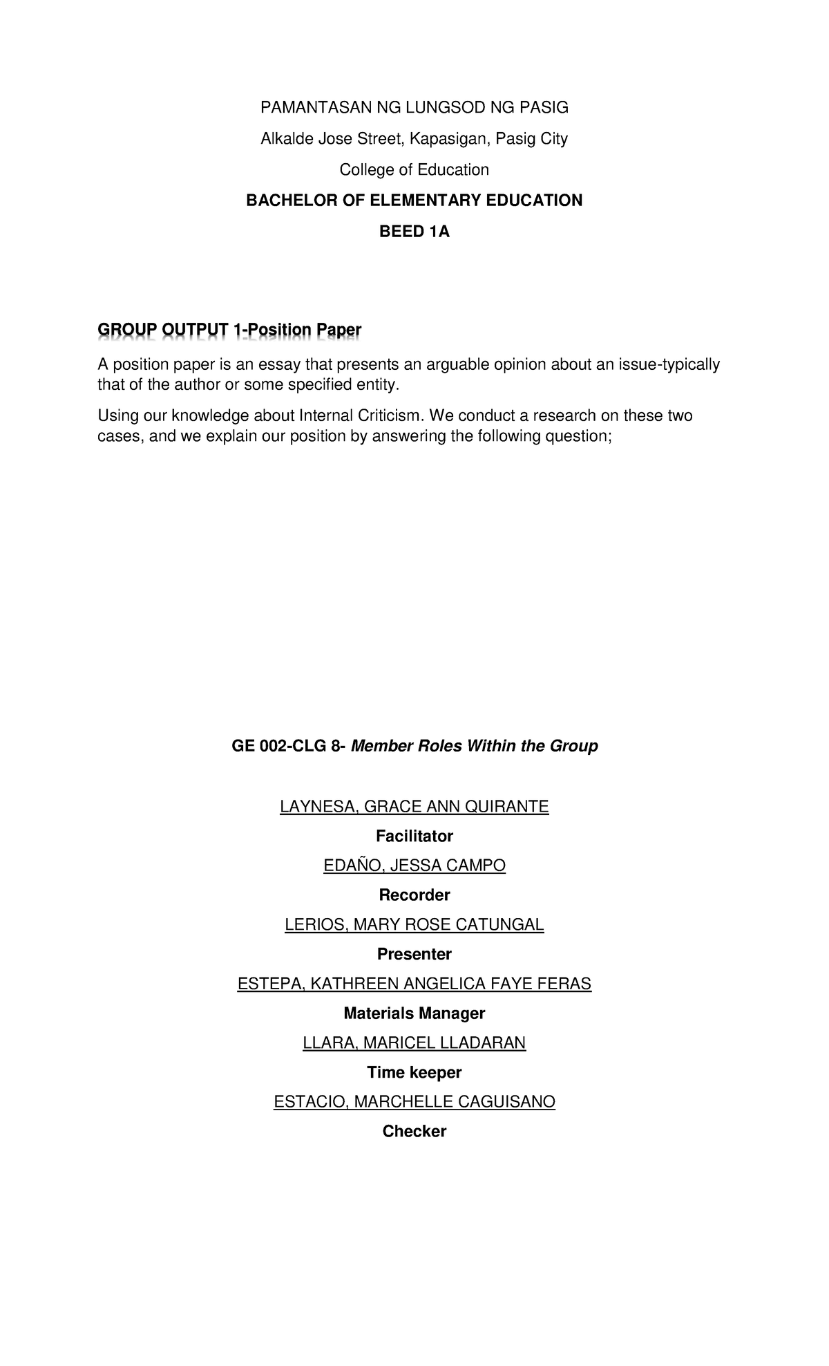 CLG 8 BEED 1 A Position Paper - PAMANTASAN NG LUNGSOD NG PASIG Alkalde ...