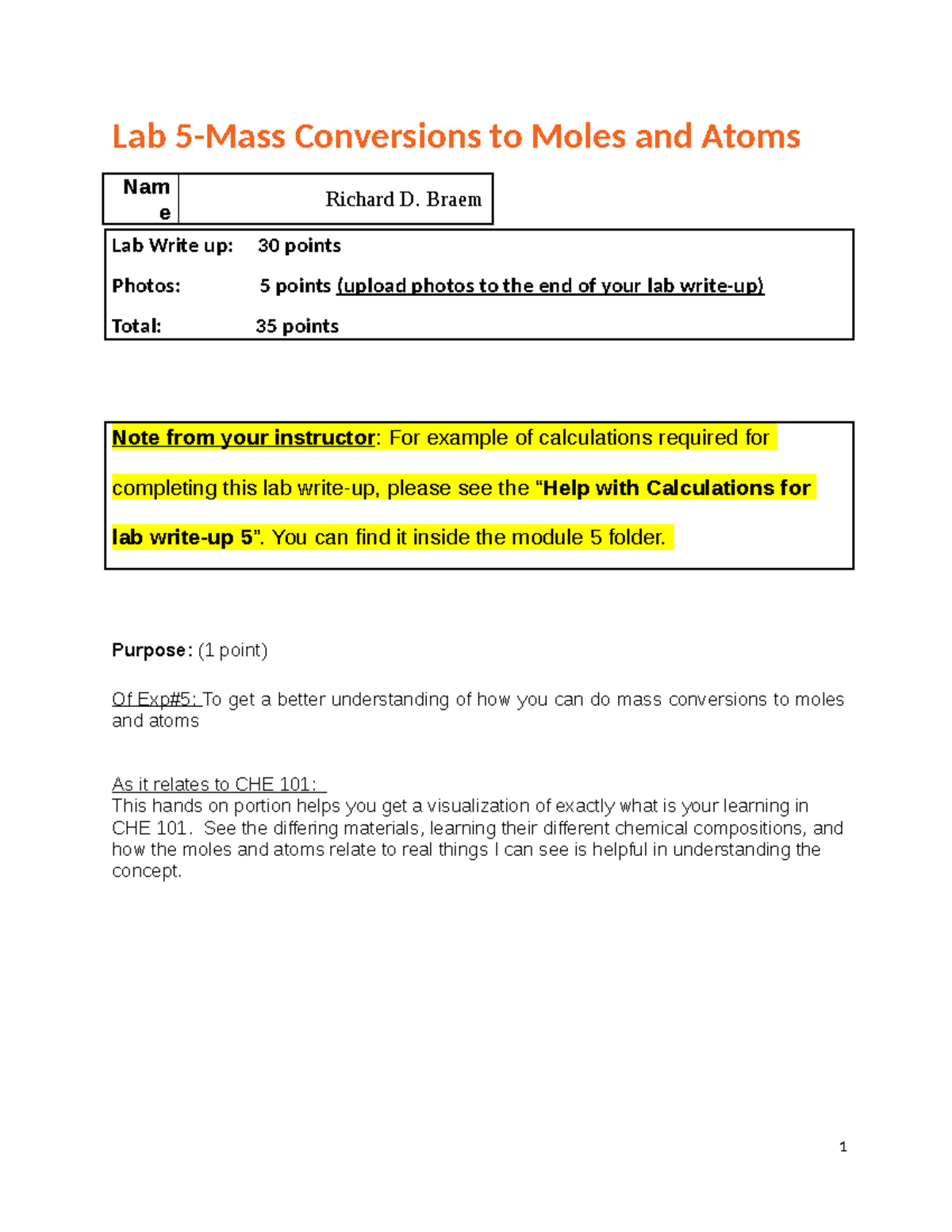Lab Write up Exp 5 Mass Conversions to Moles and Atoms Braem - Lab 5 ...
