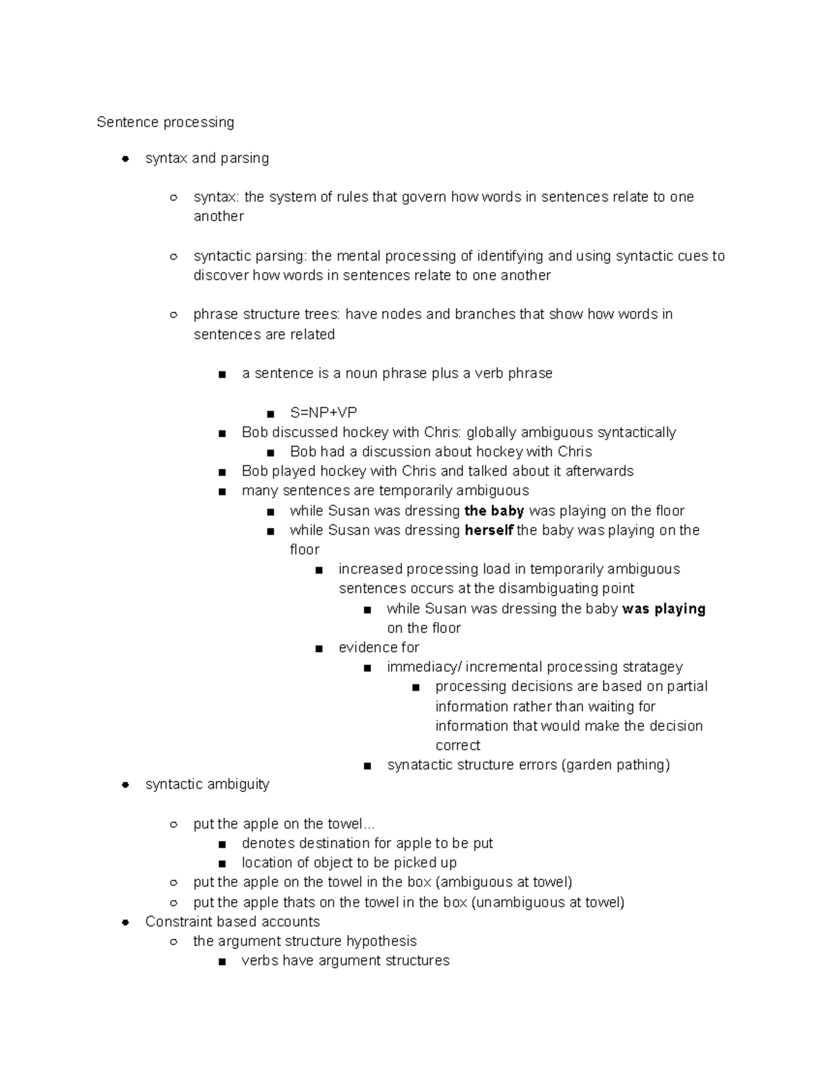 Week 7 Lecture Notes From Slideshow Prof Todd Feretti Sentence Processing Syntax And