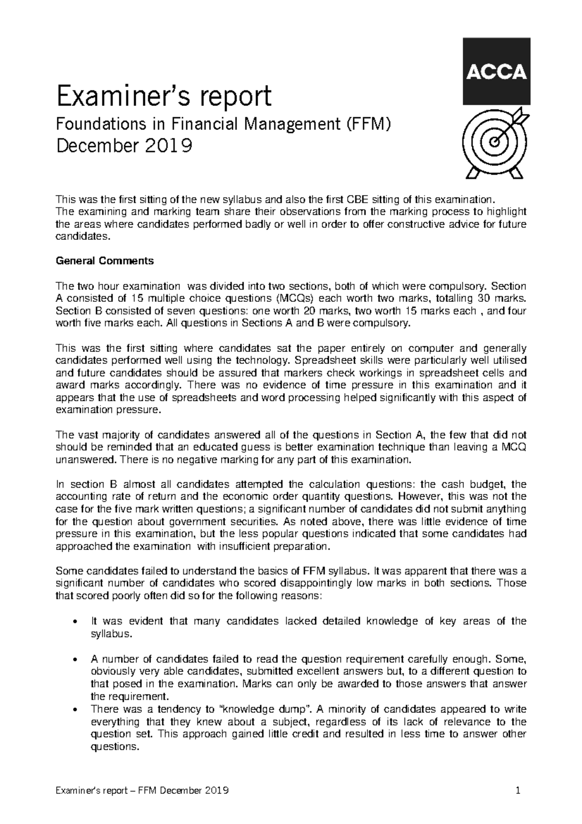 Ffm-examreport-d19 - Examiner’s report Foundations in Financial ...