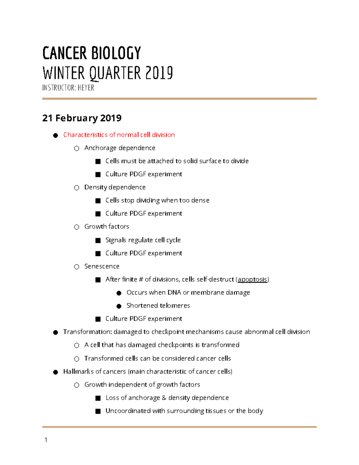 BIO6B Cancer biology Notes - CANCER BIOLOGY WINTER QUARTER 2019 ...