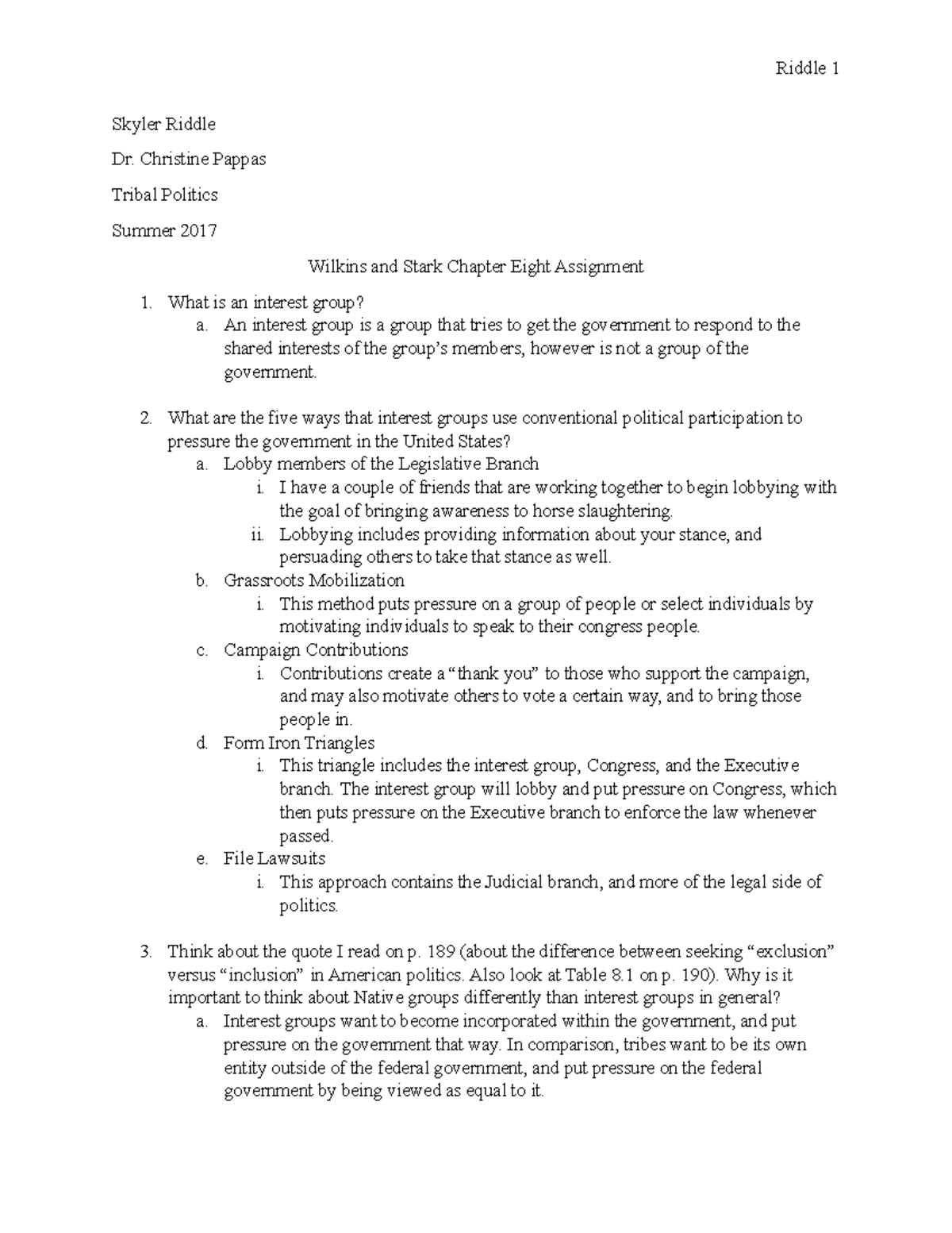 Tribal Politics Wilkins Ch 8 - Riddle 1 Skyler Riddle Dr. Christine ...