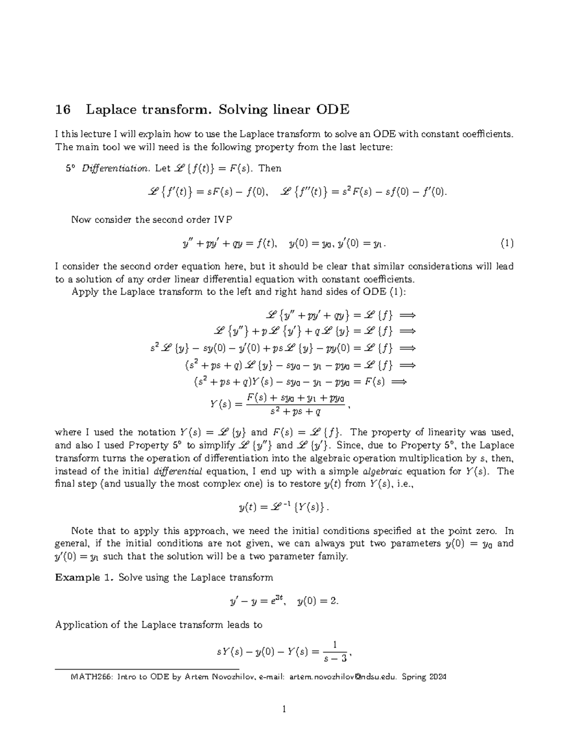Lecture 16 - 16 Laplace transform. Solving linear ODE I this lecture I ...