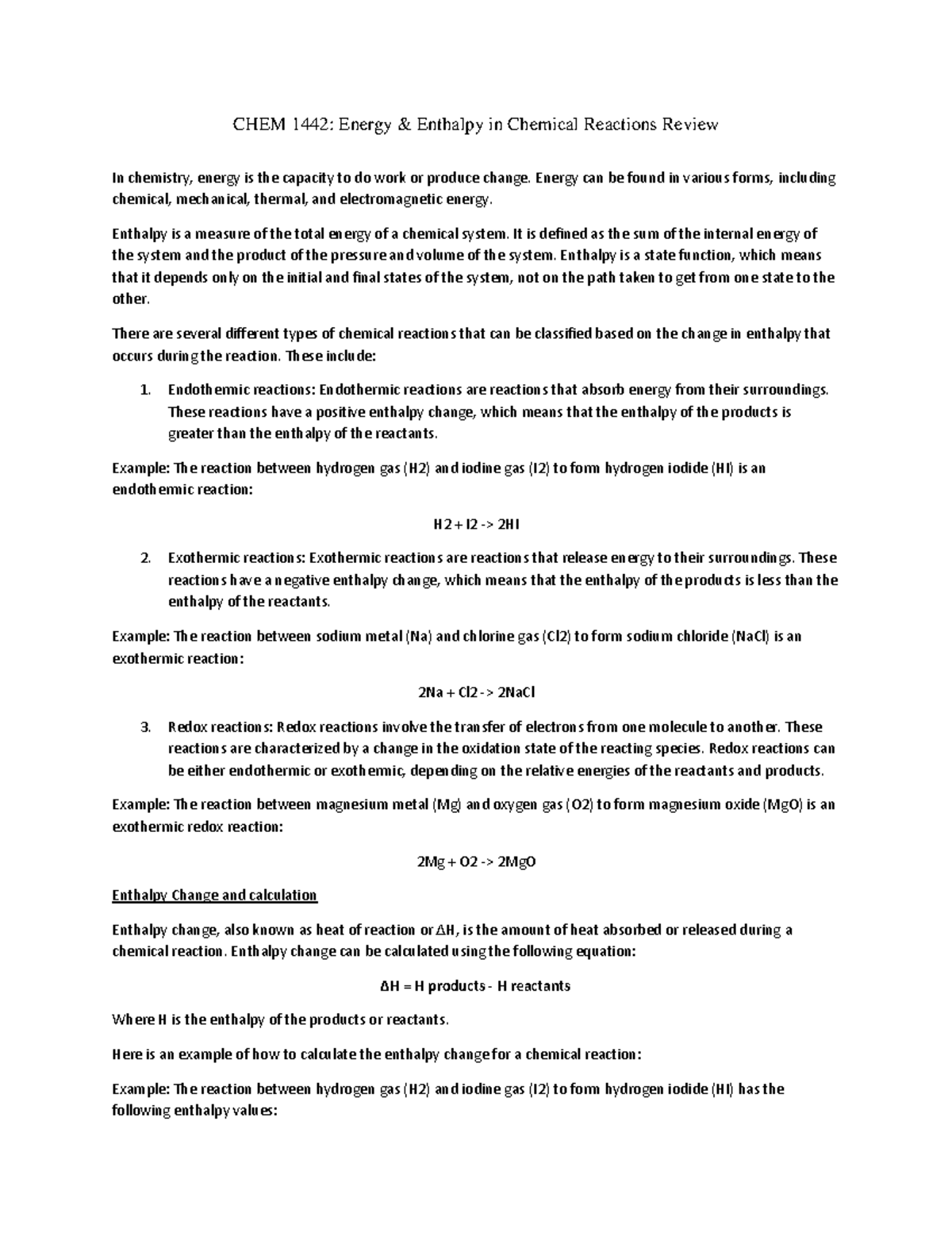 Enthalpy Change and Calculation - CHEM 1442: Energy & Enthalpy in ...