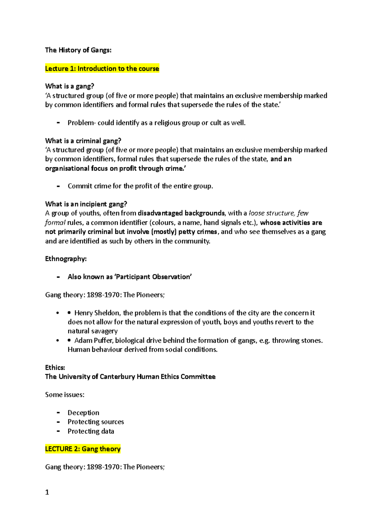 Lecture Notes - The History of Gangs: Lecture 1: Introduction to the ...