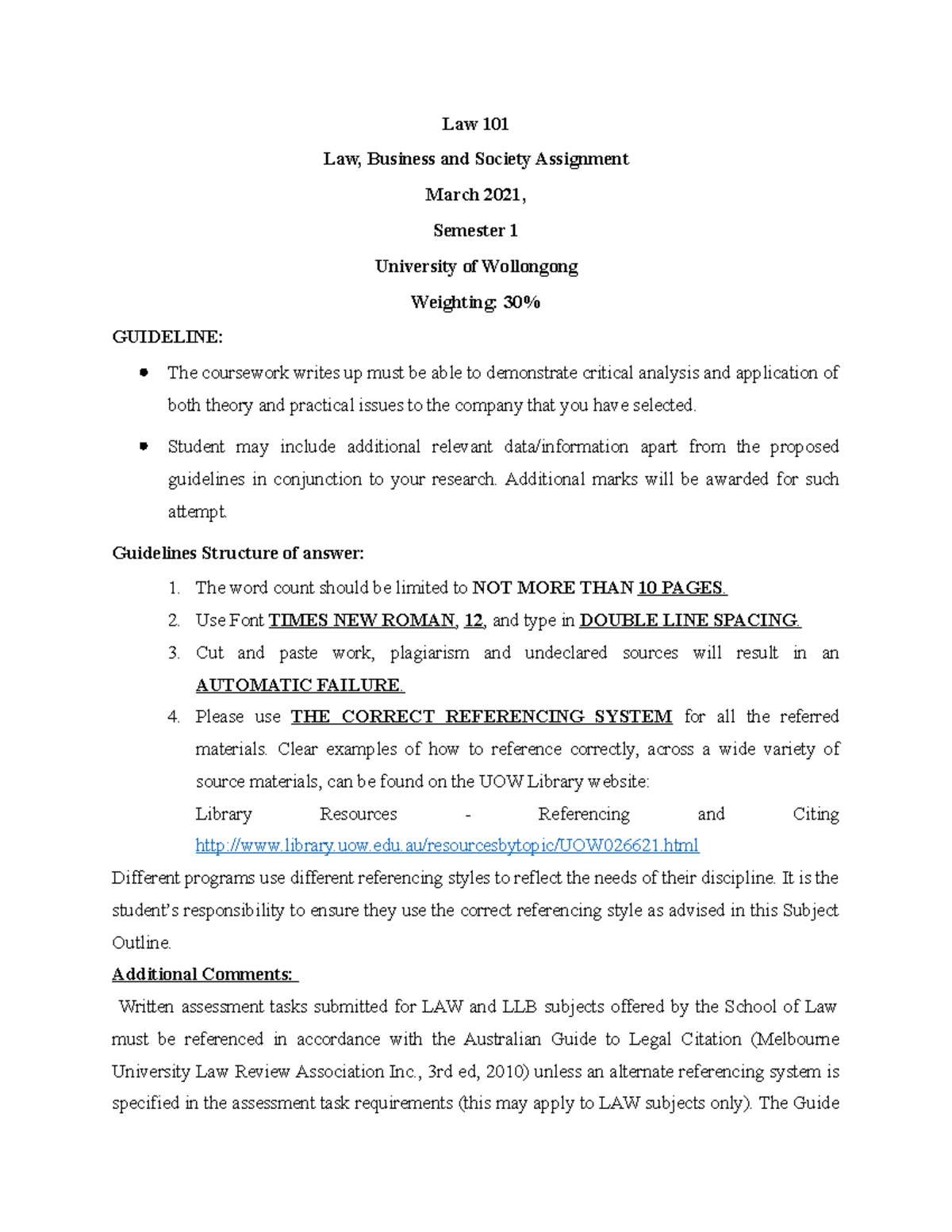 LAW101 - Assignment Guideline - Law 101 Law, Business and Society ...