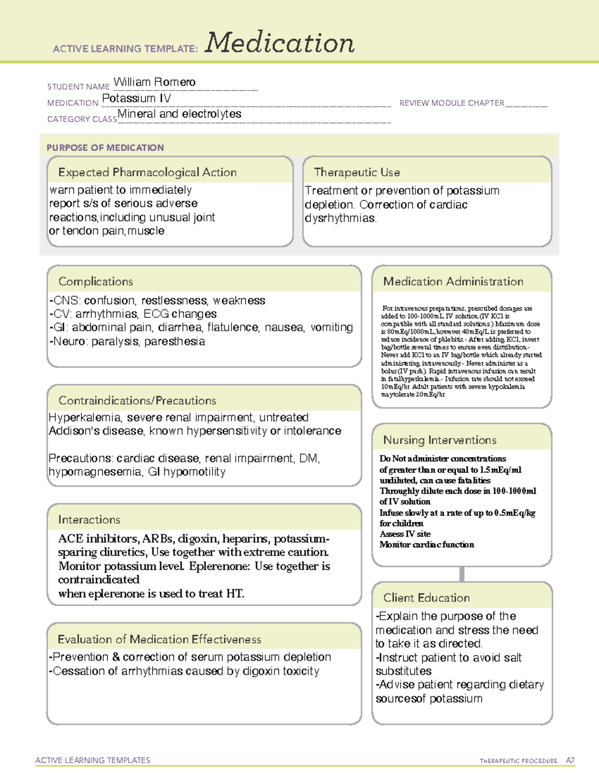 Potassium med sheet - ACTIVE LEARNING TEMPLATES TherapeuTic procedure A ...
