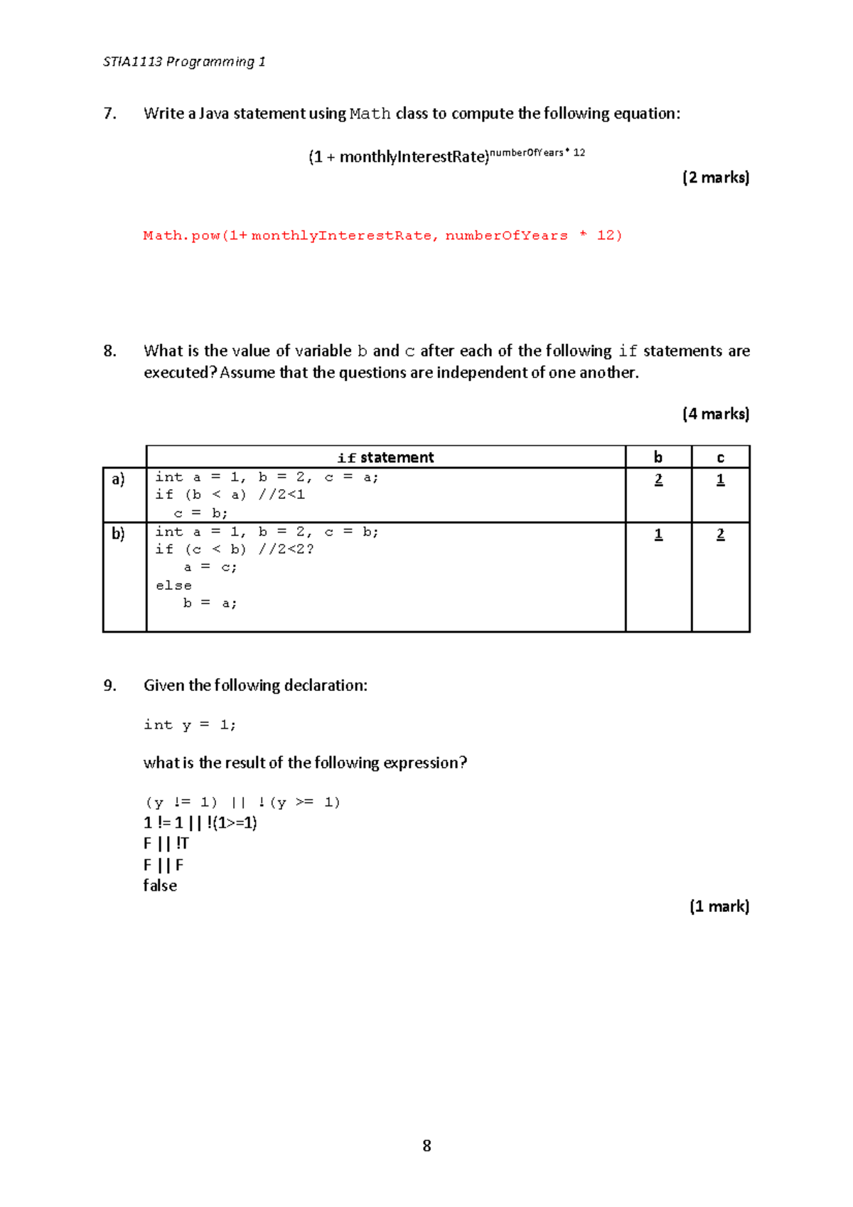 STIA1113 Mid Questions-8 - STIA1113 Programming 1 8 7. Write a Java statement using Math class ...