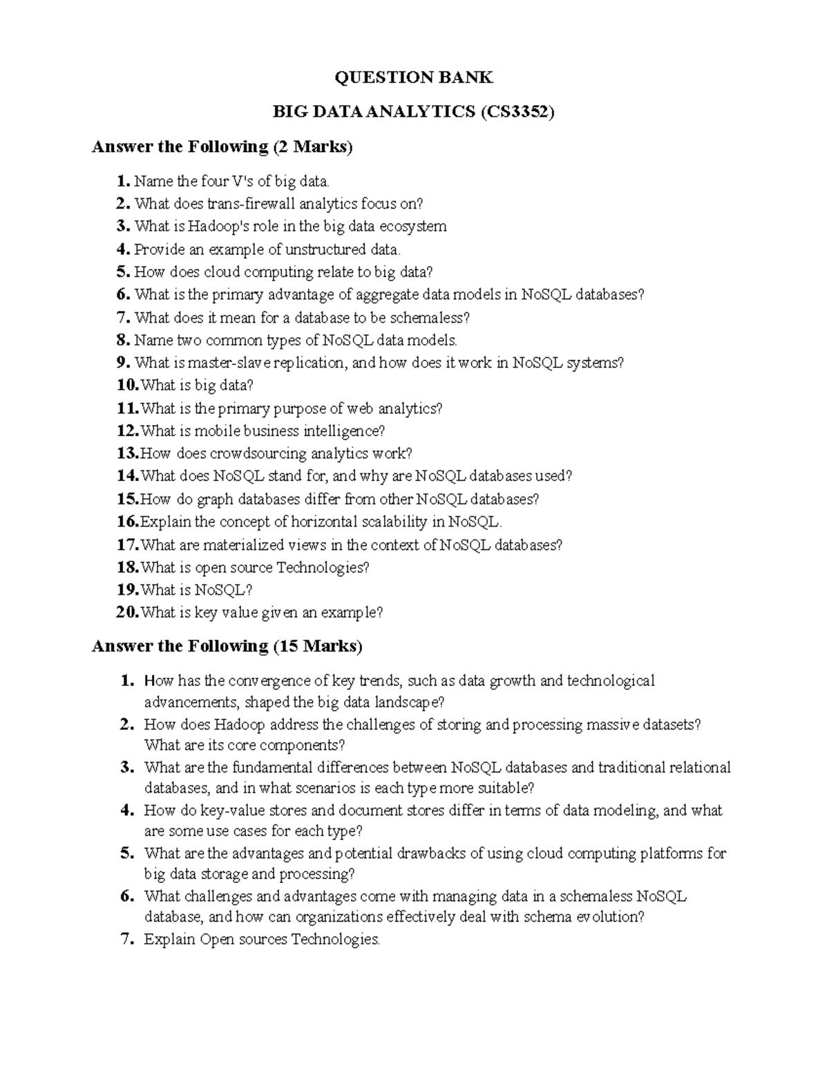 Question BANK BDA - important - QUESTION BANK BIG DATA ANALYTICS ...