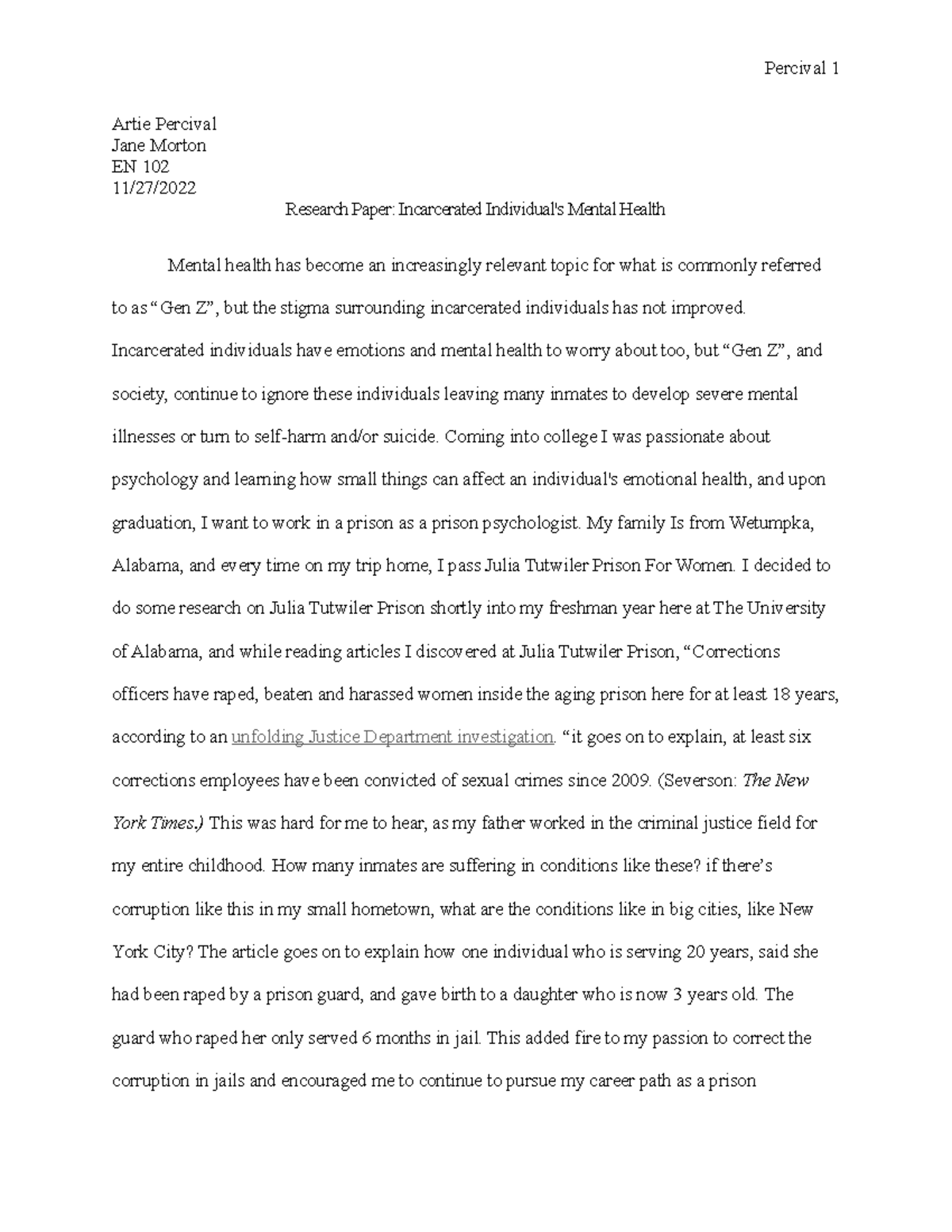 Research Paper; Final draft - Artie Percival Jane Morton EN 102 11/27 ...