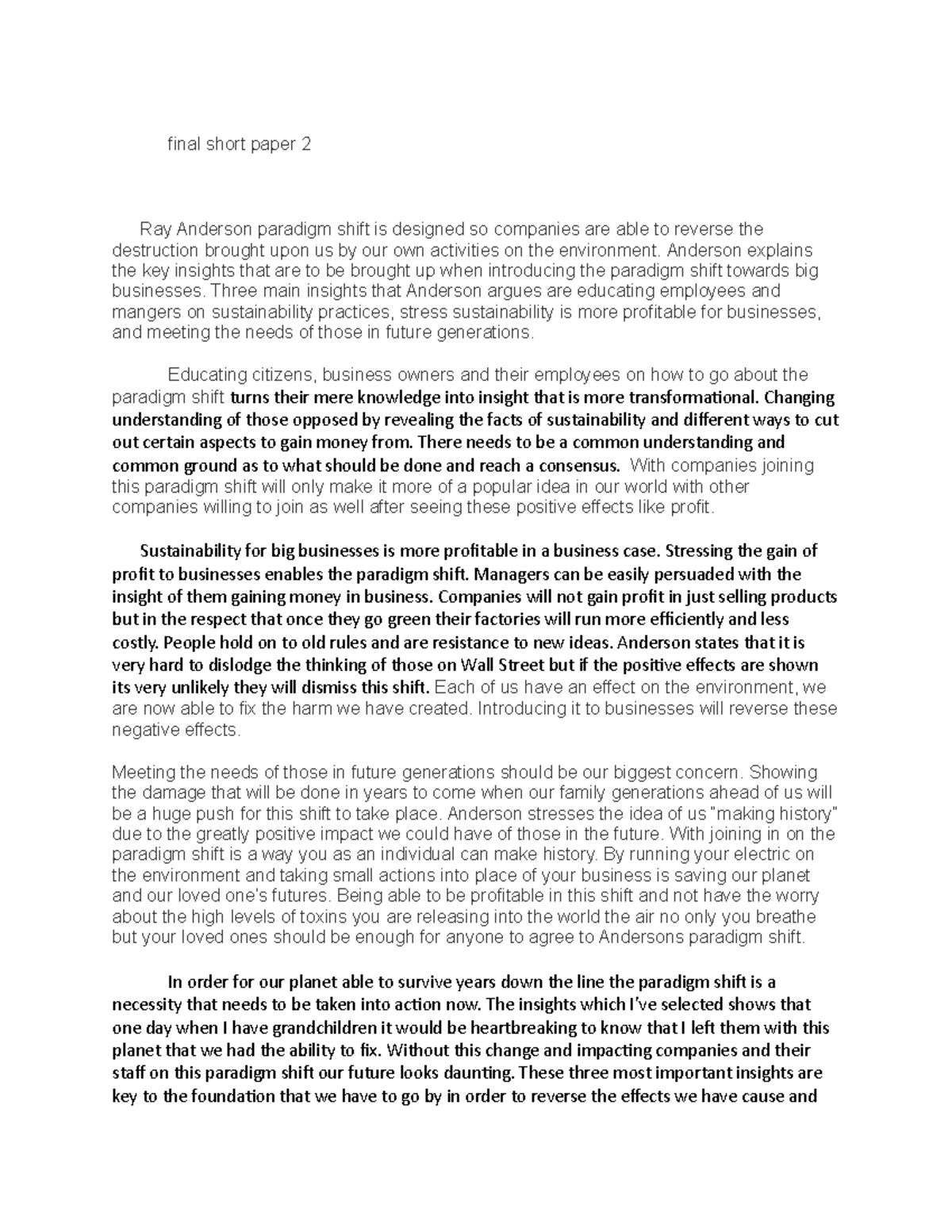 BUS 345 Creed paper #2 - Grade: A - final short paper 2 Ray Anderson ...