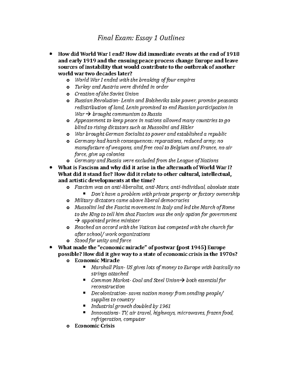 Summary - all lectures on final exam (short essay outlines) - Final ...