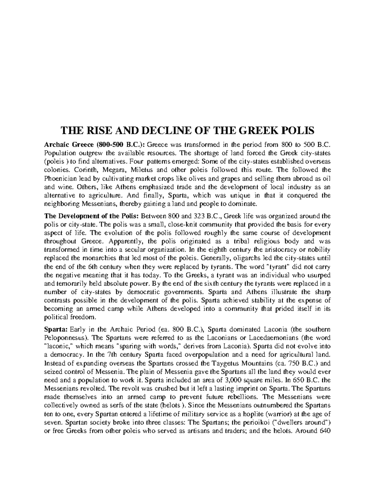 Lesson 10 Notes - The Rise and Decline of the Greek Polis - THE RISE ...