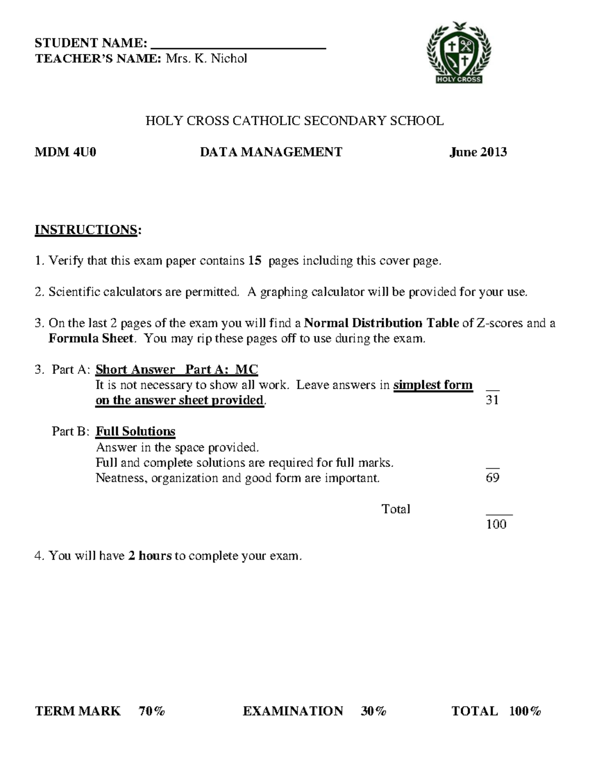 Practice Exam for Data Management or MDM 4U, Ontario High school ...