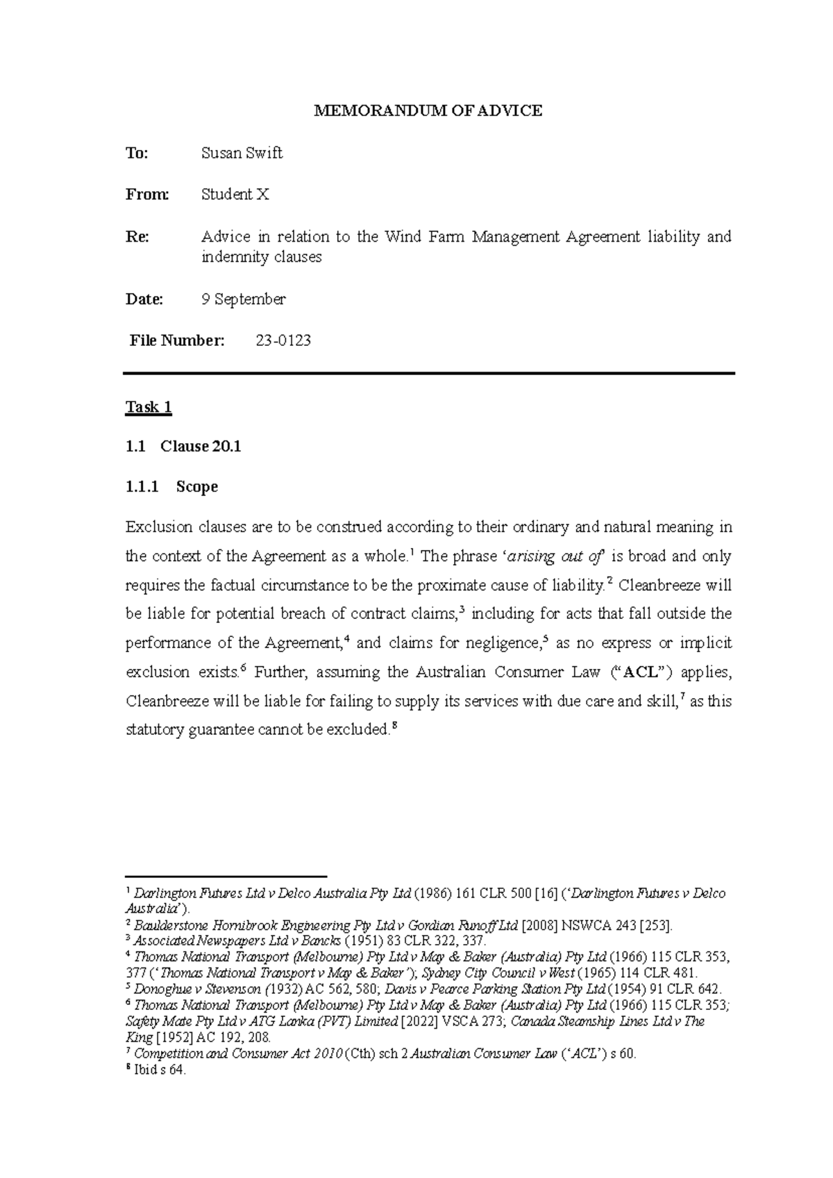 LLH470 Example Assessment 1 - MEMORANDUM OF ADVICE To: From: Re: Susan ...