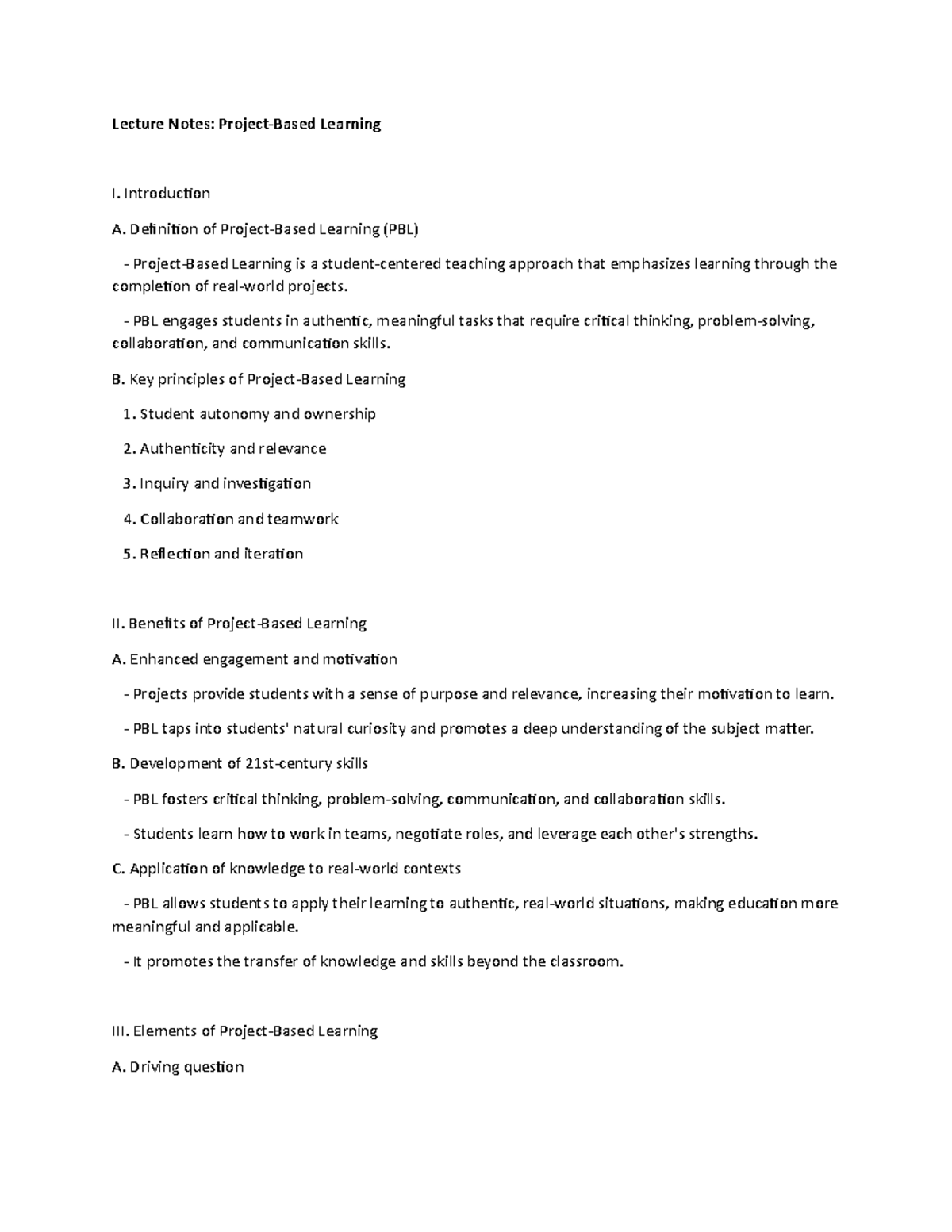 Lecture Notes Project Based Learning Introduction A Definition Of Project Based Learning