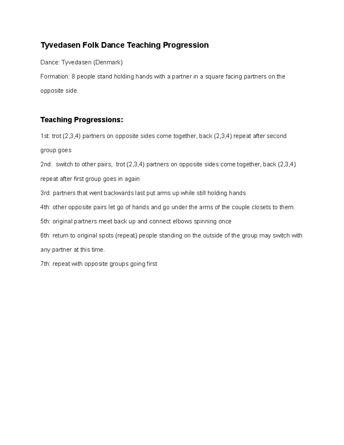 Tyvedasen Folk Dance Teaching Progression - Teaching Progressions: 1st ...