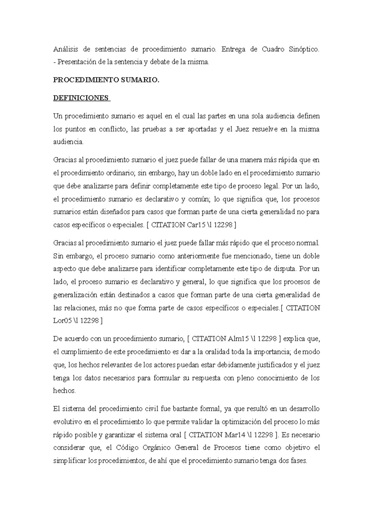 Procedimiento Sumario - Entrega de Cuadro Sinóptico. Presentación de la ...