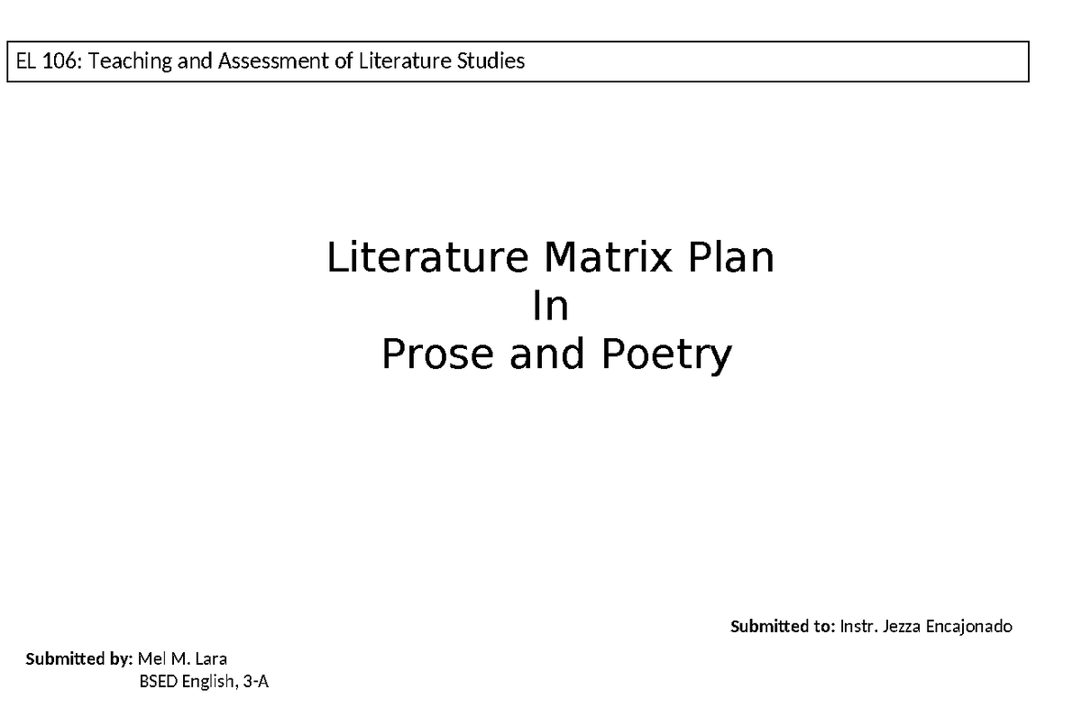 Literature Matrix Plan - Literature Matrix Plan In Prose and Poetry EL ...
