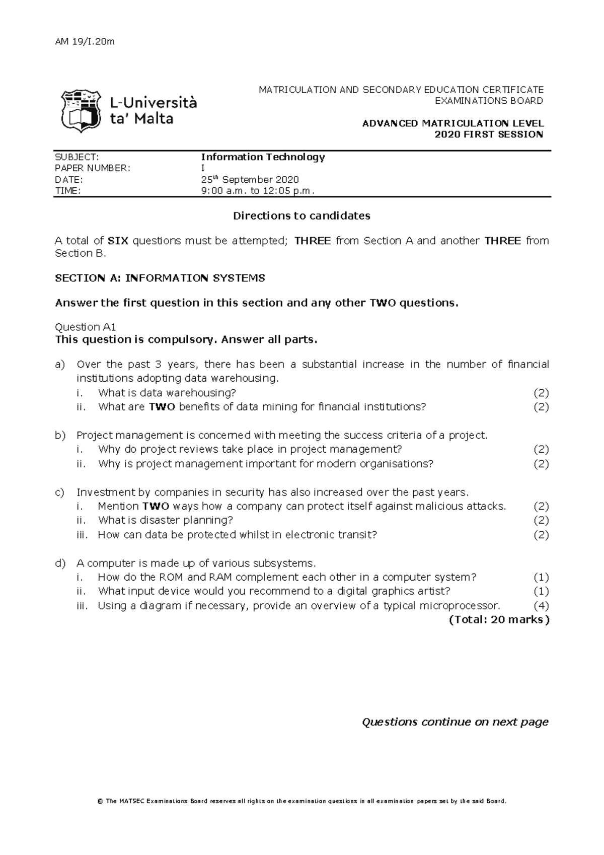Itadvsept 2020 - Computer Aided Design Question Paper - AM 19/I © The ...